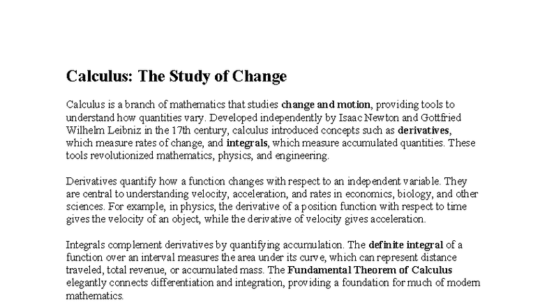 Calculus 21: Understanding Change and Motion in Mathematics - Studocu