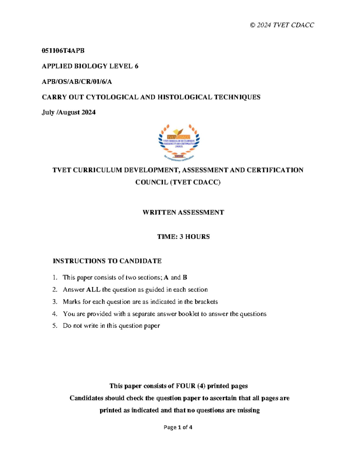 2024 TVET CDACC 051106T4APB Applied Biology Level 6 Cytological ...