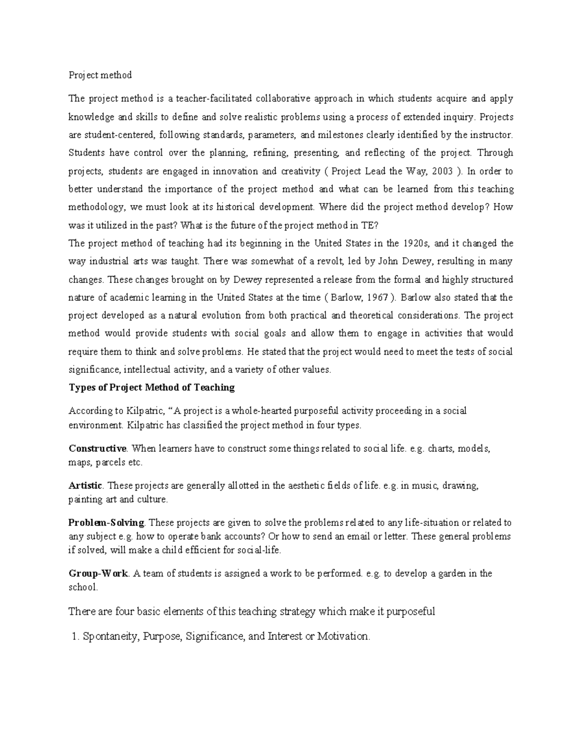 Project Method in Teaching: Historical Development and Types - Studocu