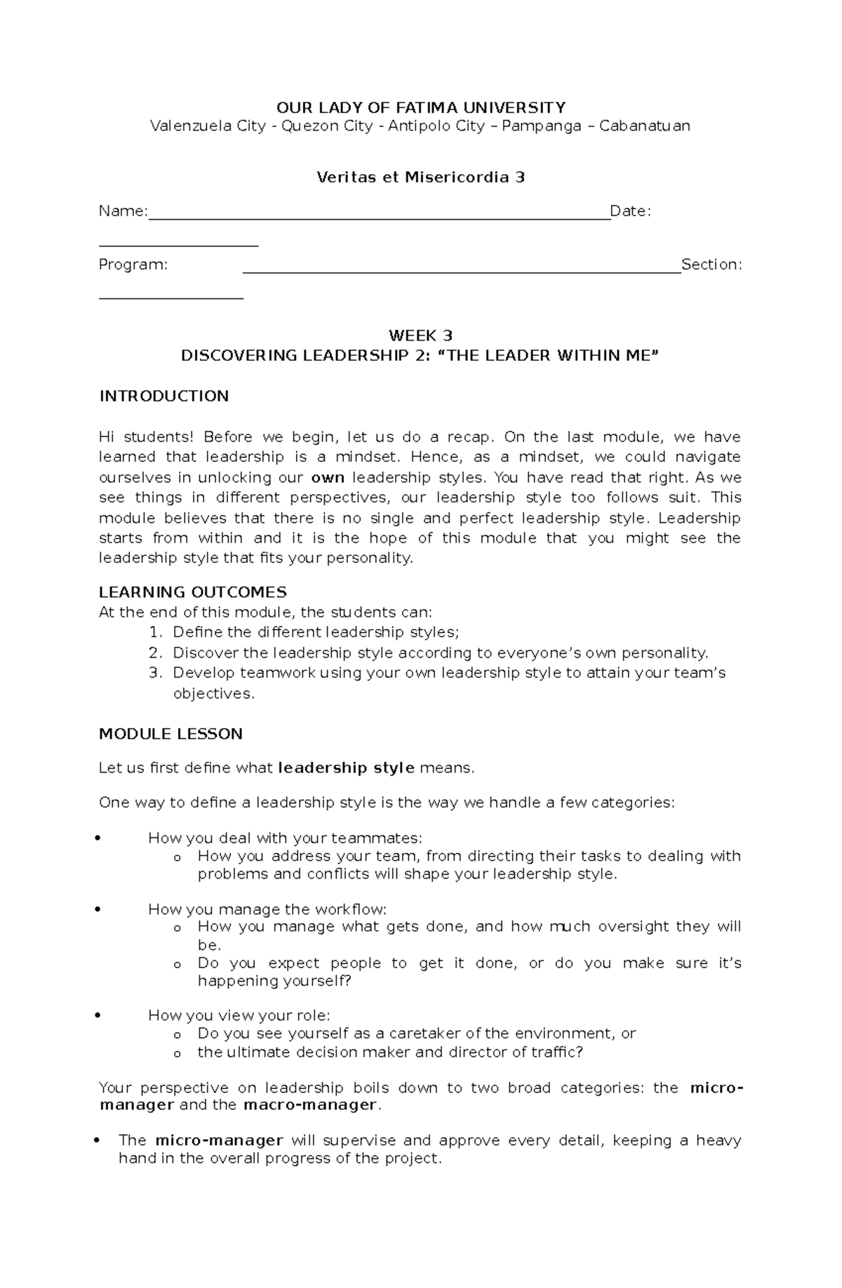 VM211 Module 3: Leadership Styles and Personal Growth (Final) - Studocu