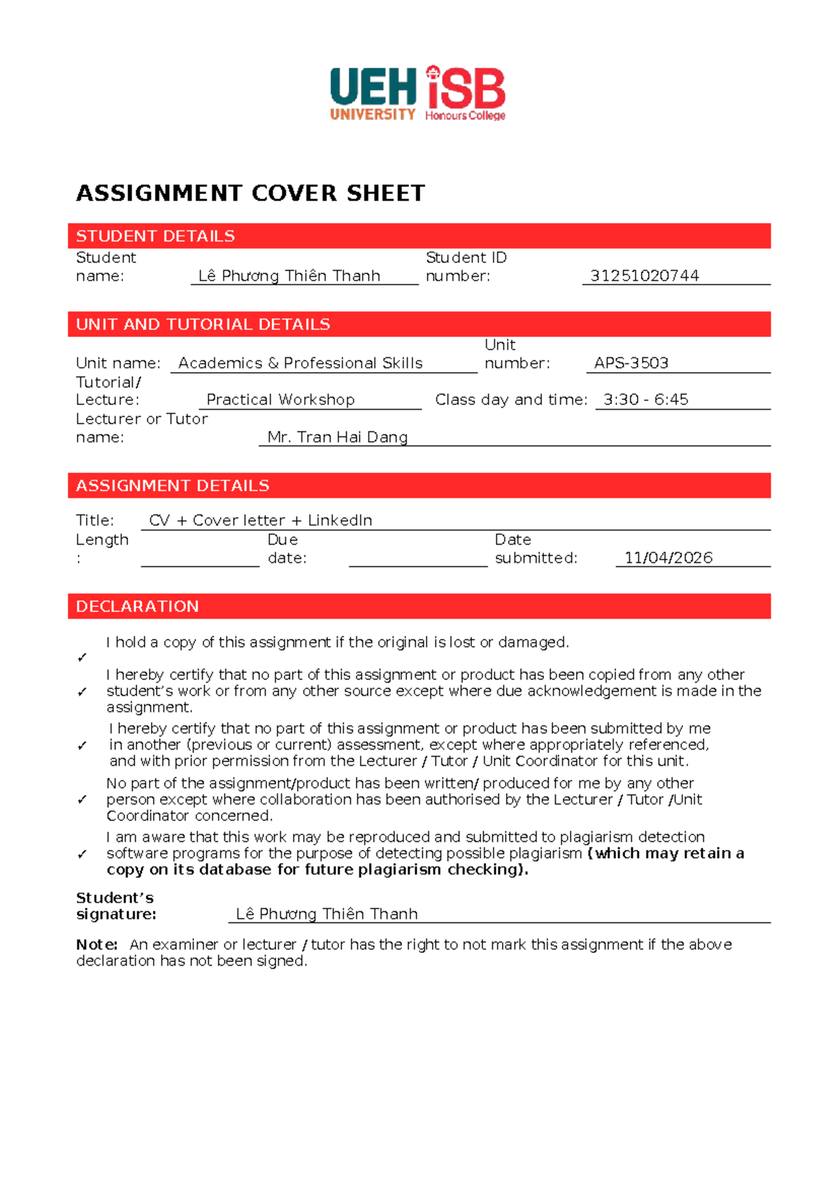 CV Cover Letter Assignment - Academics Professional Skills - Studocu