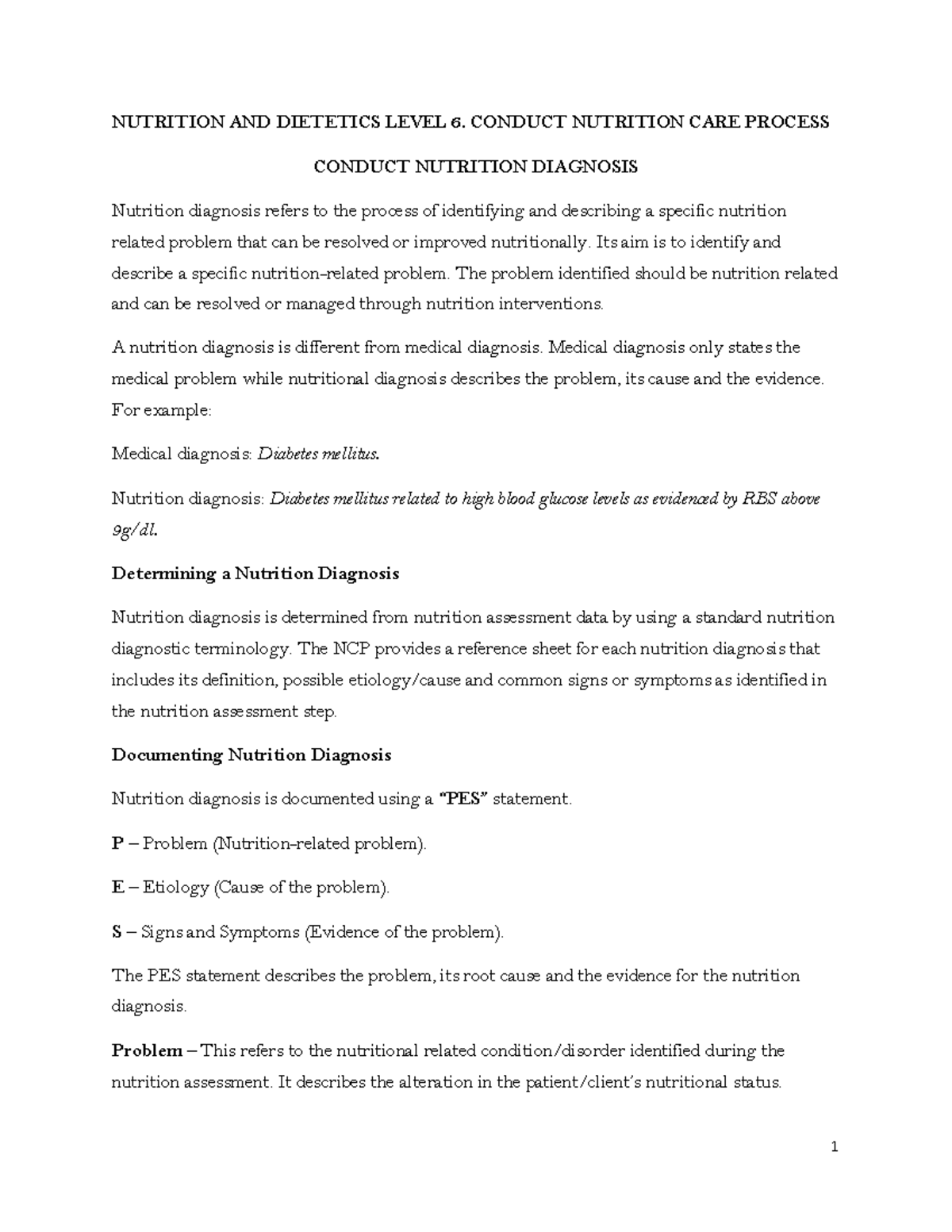NUTRITION AND DIETETICS LEVEL 6: Nutrition Diagnosis Process Guide ...