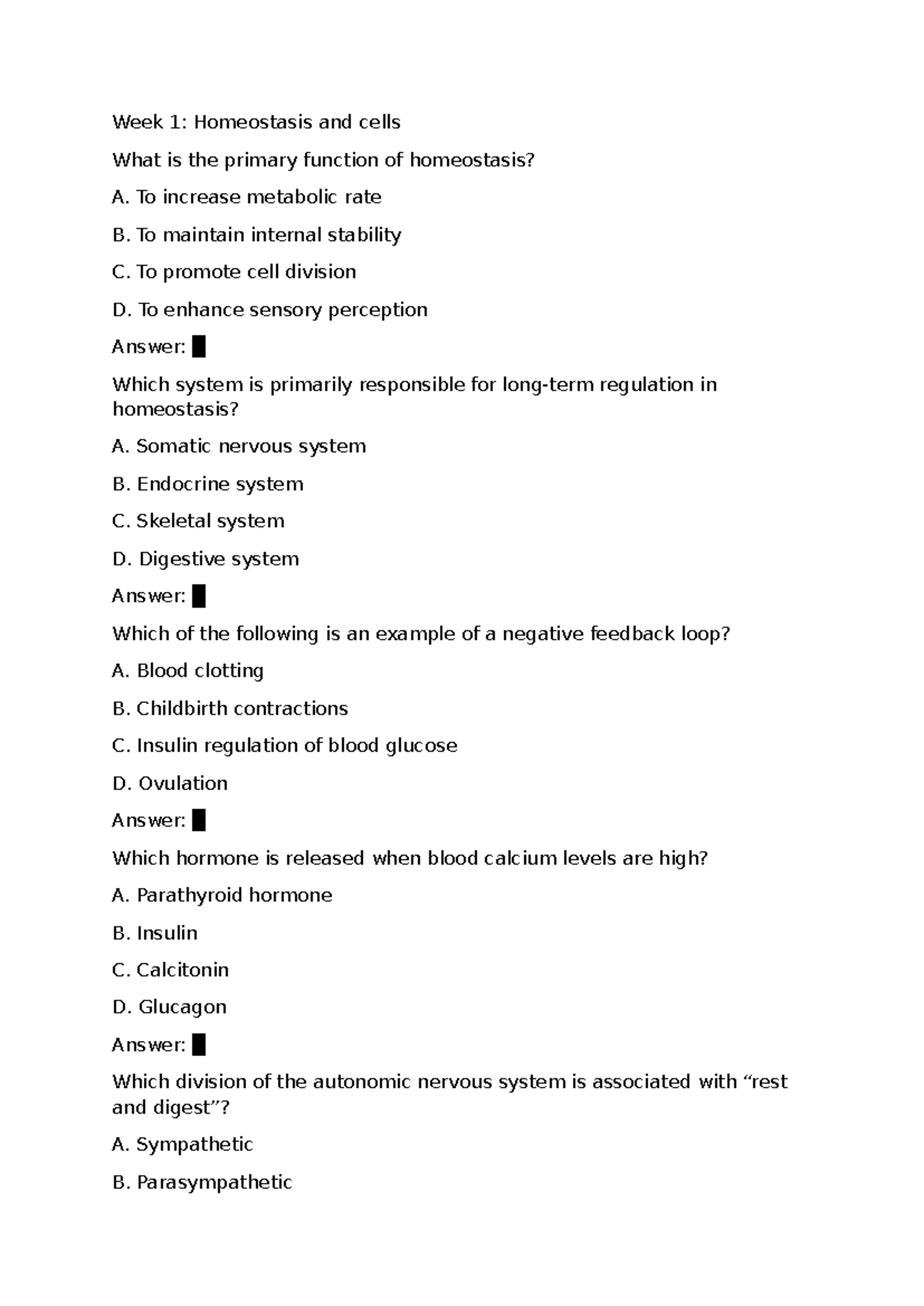 Week 1: Homeostasis & Cells Quiz Questions and Answers - Studocu