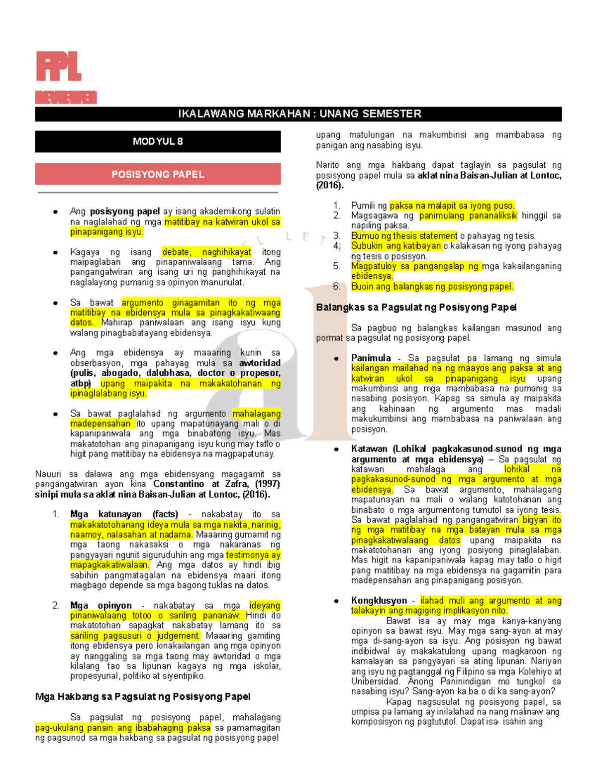 Filipino sa Piling Larangan (FPL) Posisyong Papel Reviewer PDF - Studocu