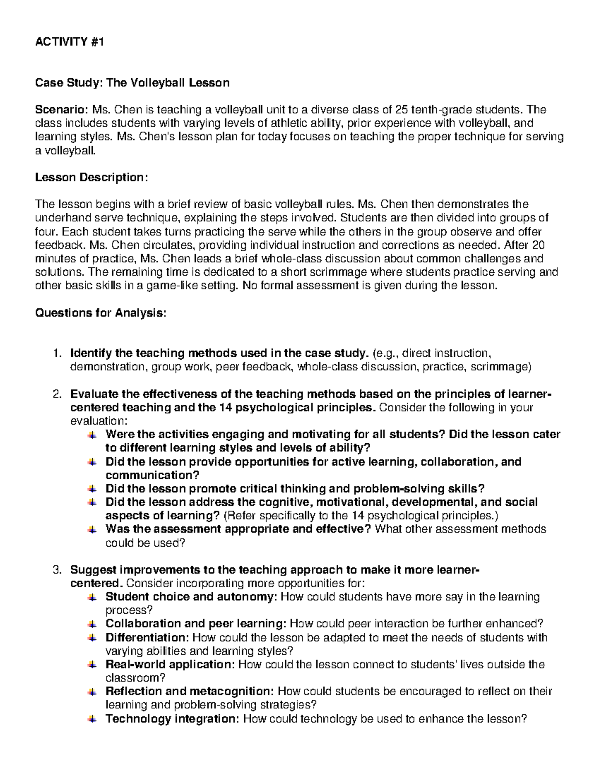 ACTIVITY Case Study: Volleyball Lesson Plan Analysis and Improvements ...