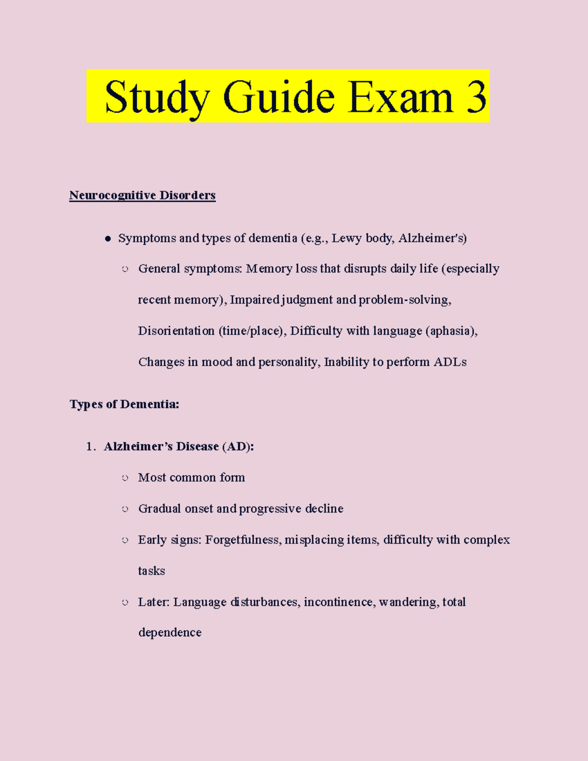 Study Guide: Exam 3 - Neurocognitive Disorders & Dementia Types - Studocu