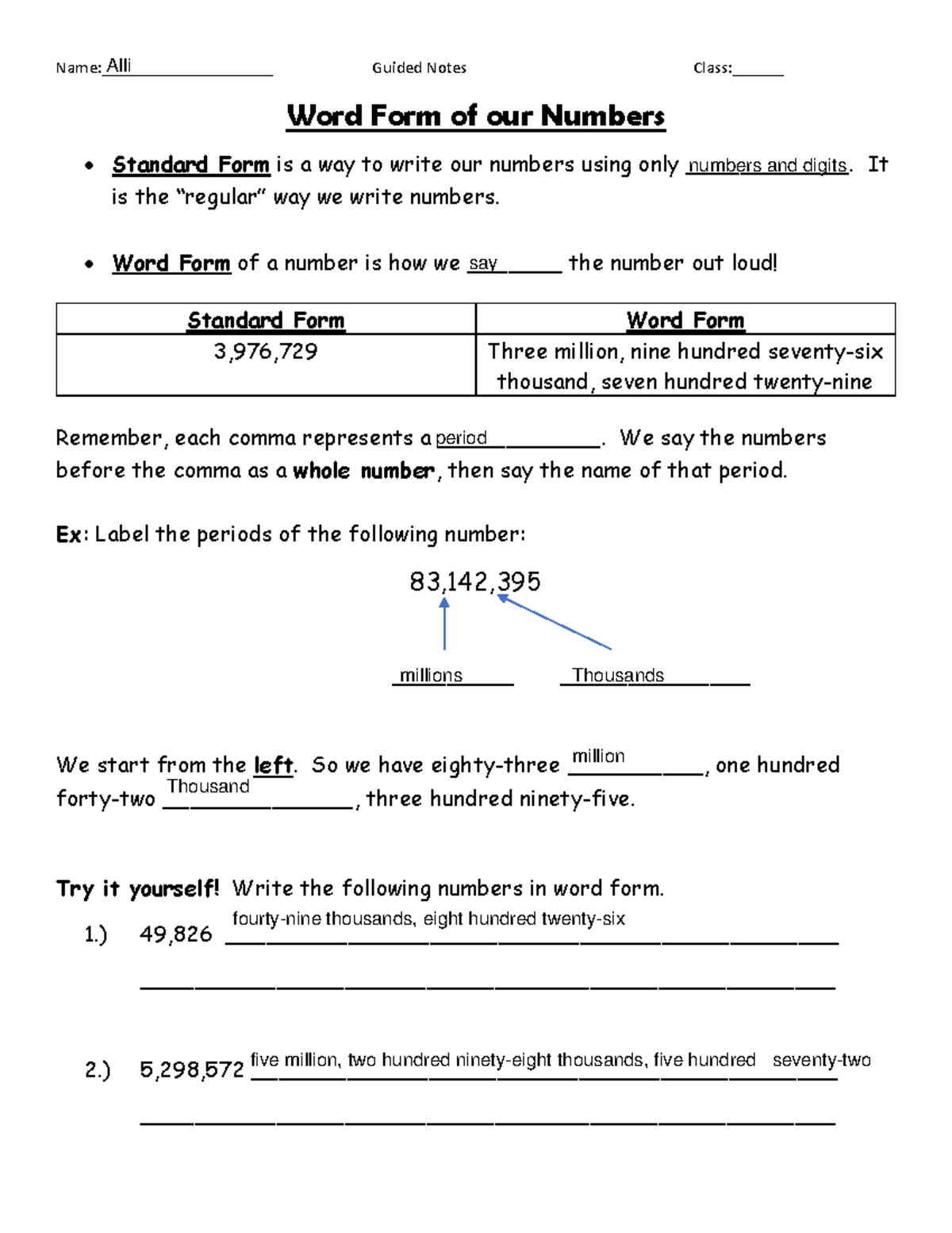 Word Form of Numbers Guided Notes (Math 101) - Studocu