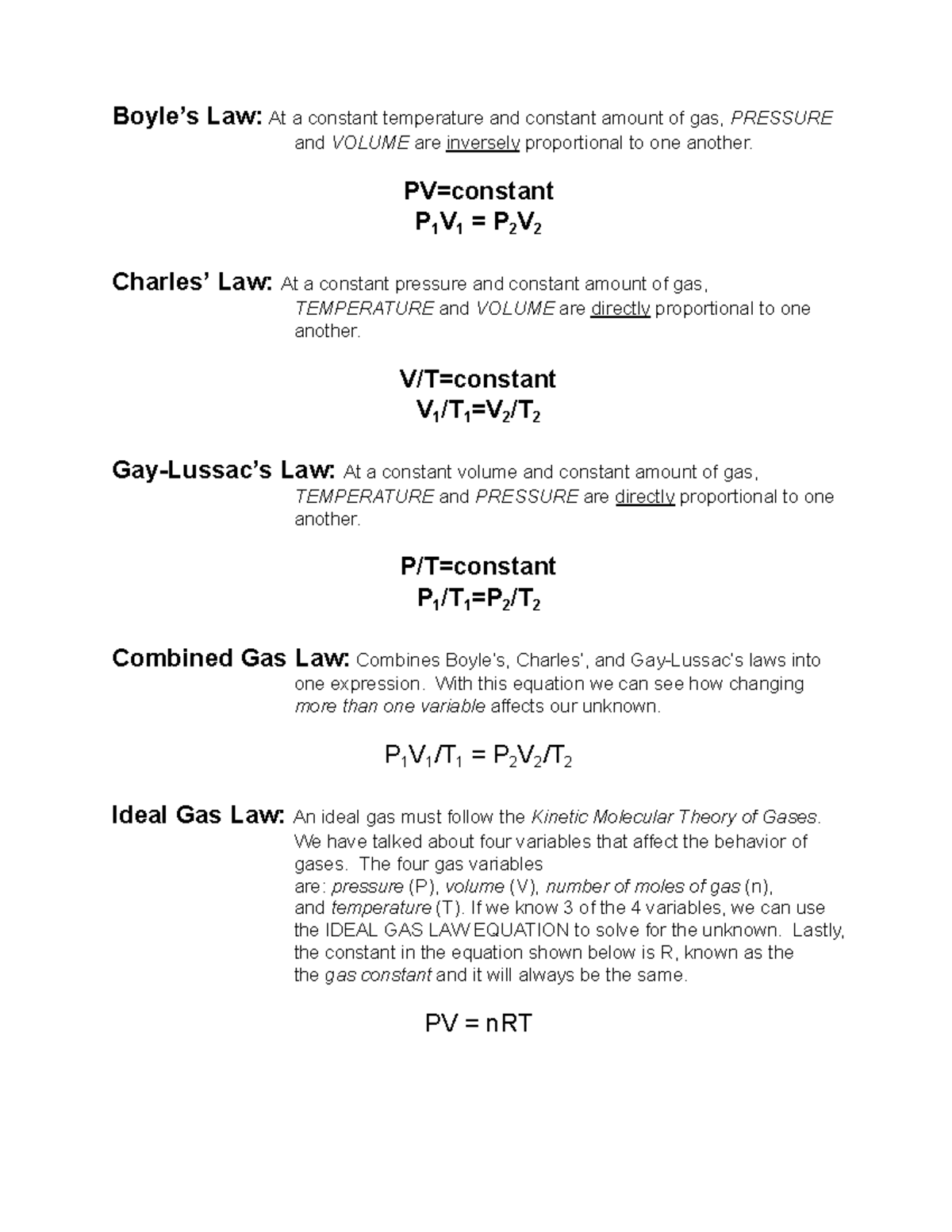 Gas Laws Overview Cheat Sheet: Key Equations & Relationships - Studocu