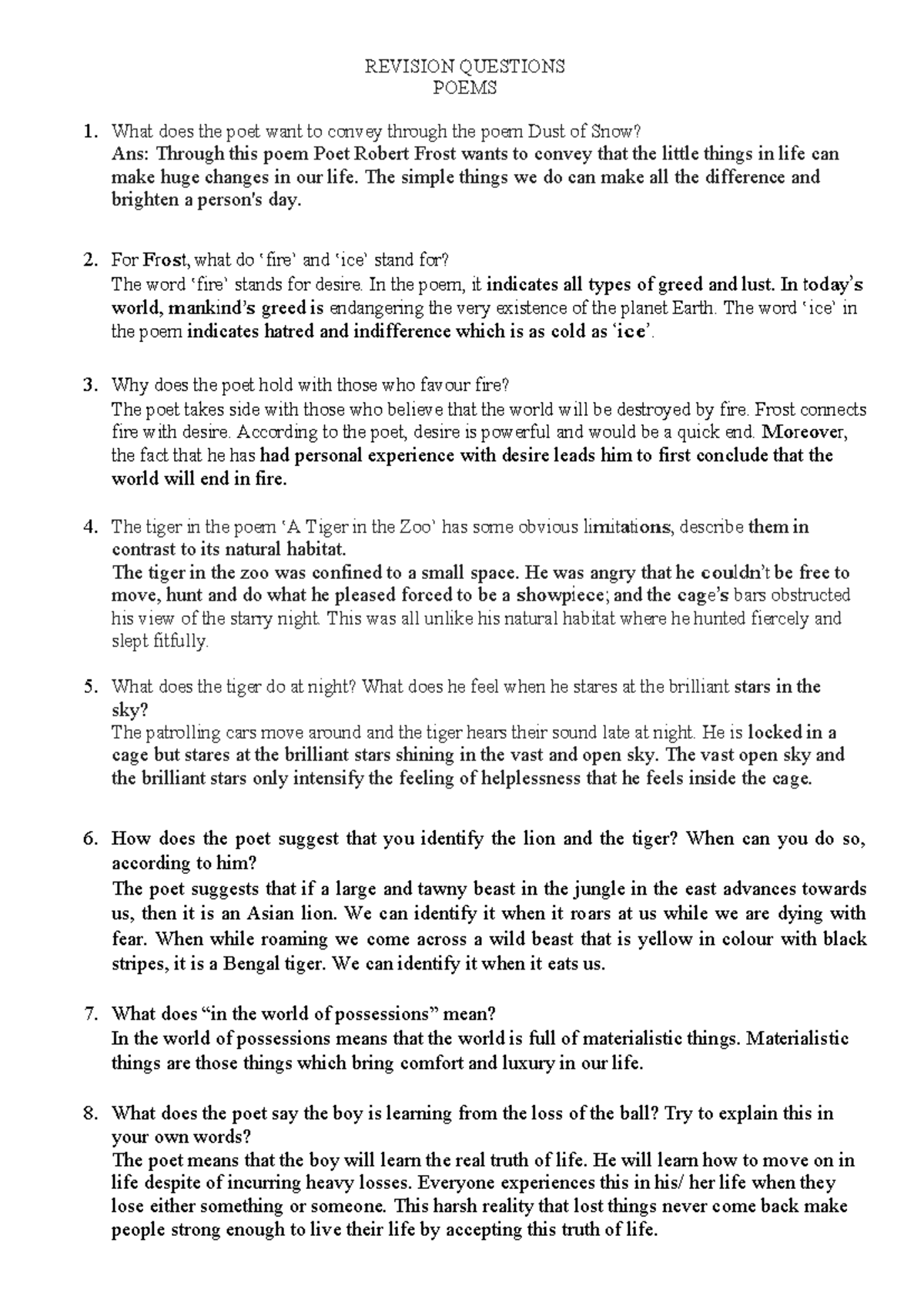 Class X - Revision Questions on Poems Analysis - Studocu