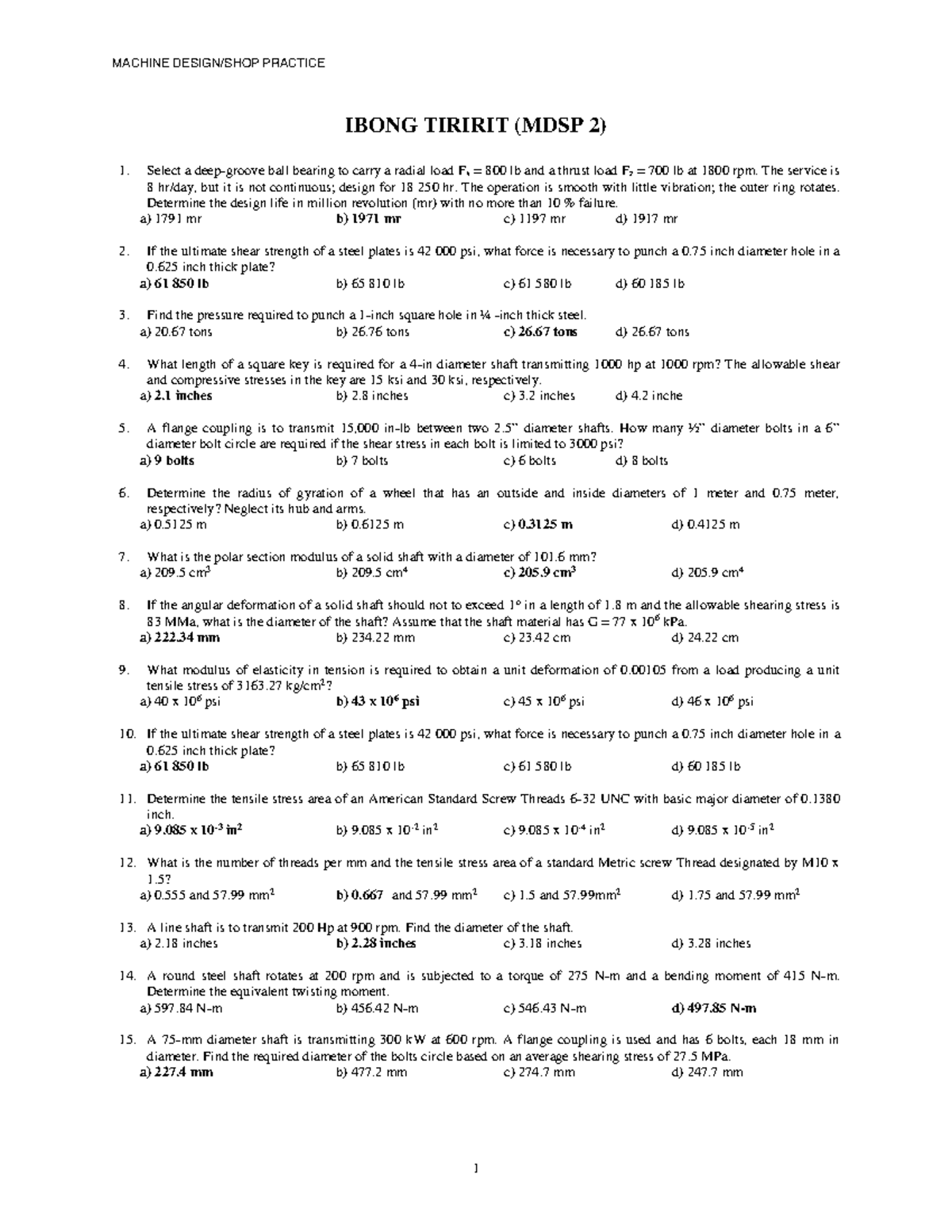 Ibong Tiririt MDSP 2 - Jan - IBONG TIRIRIT (MDSP 2) Select a deep-groove ball bearing to carry a ...