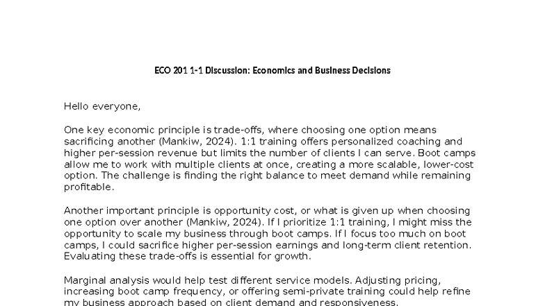 ECO 201 Module 1-1 Discussion: Economic Principles in Business ...