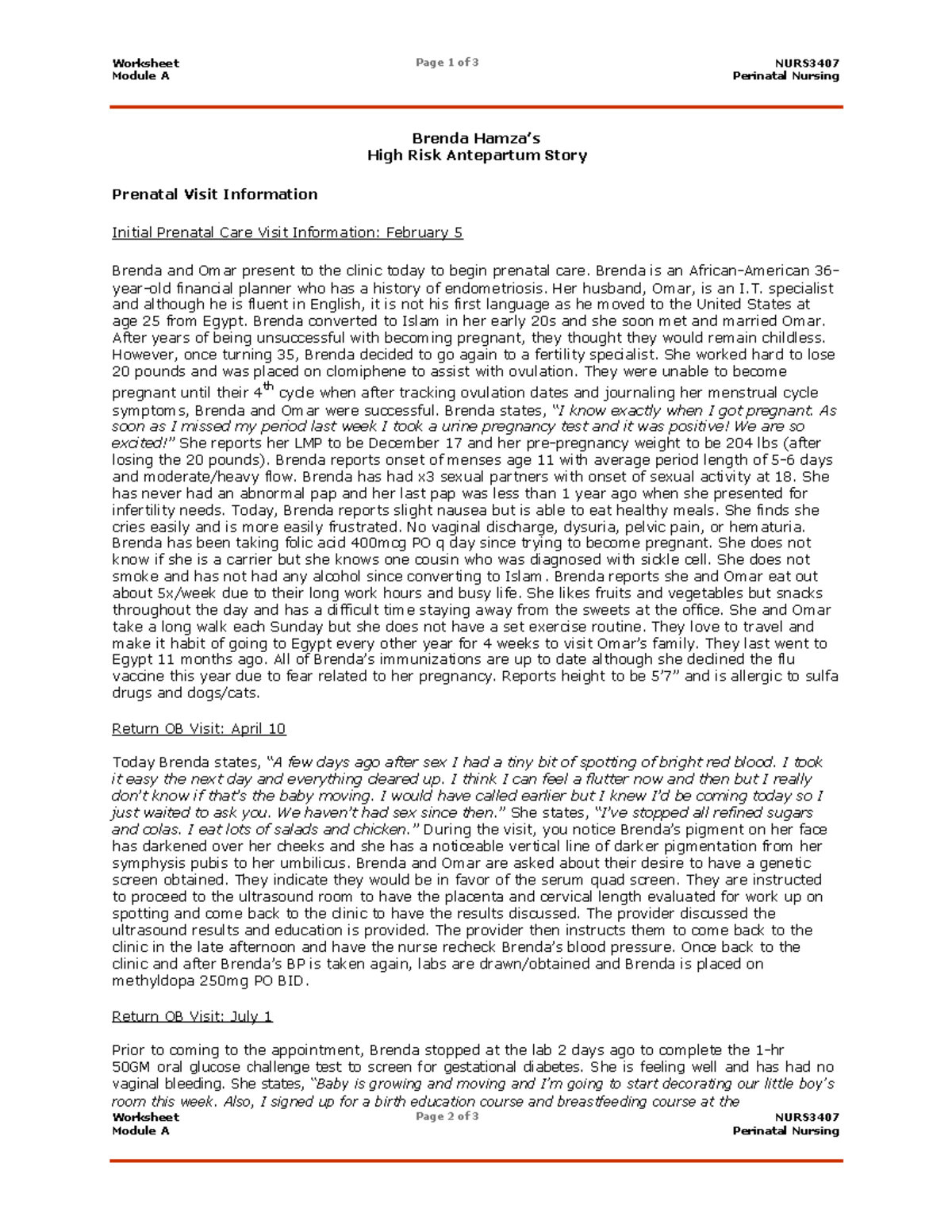 Module A - Brenda Worksheet - Worksheet Module A Page 1 of 3 NURS ...