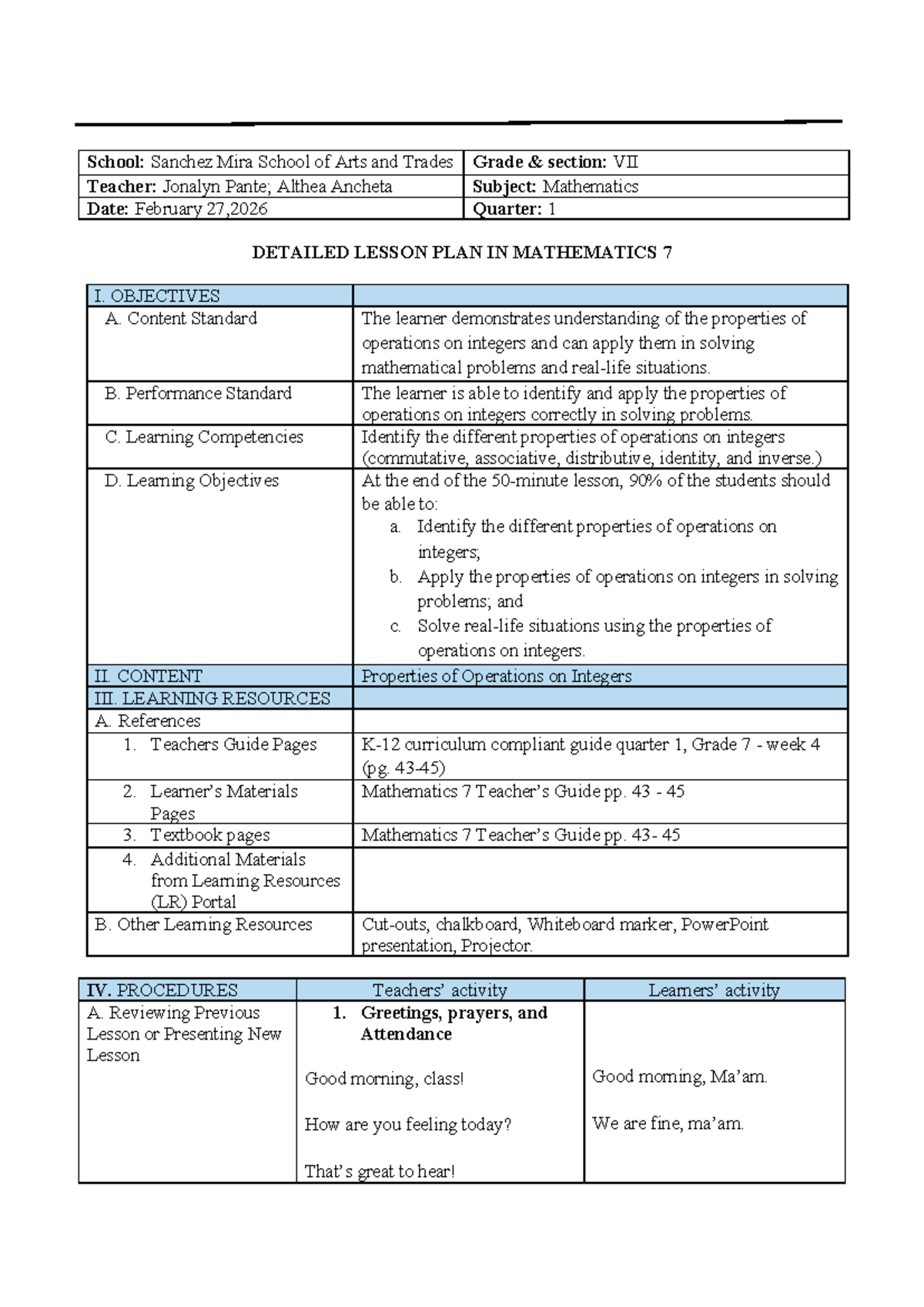 Detailed Lesson Plan: Properties of Operations on Integers (Math 7 ...