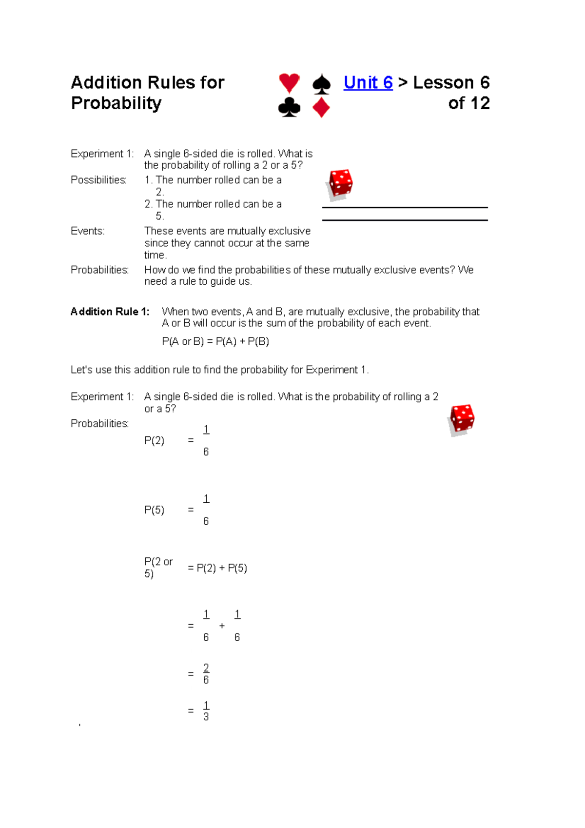 Addition Rules for Probability - Addition Rules for Probability Unit 6 ...