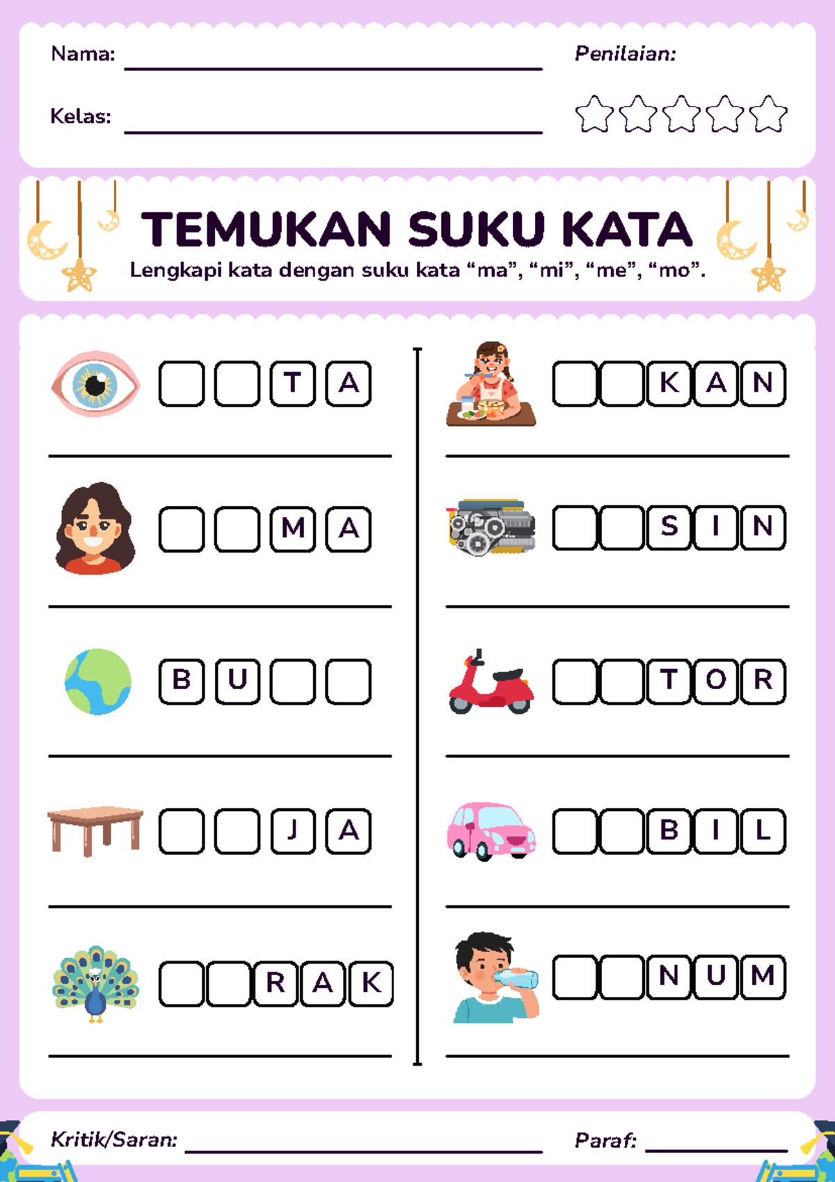 Lembar Kerja Melengkapi Suku Kata dalam Gaya Ceria Ungu Muda - ppkn ...