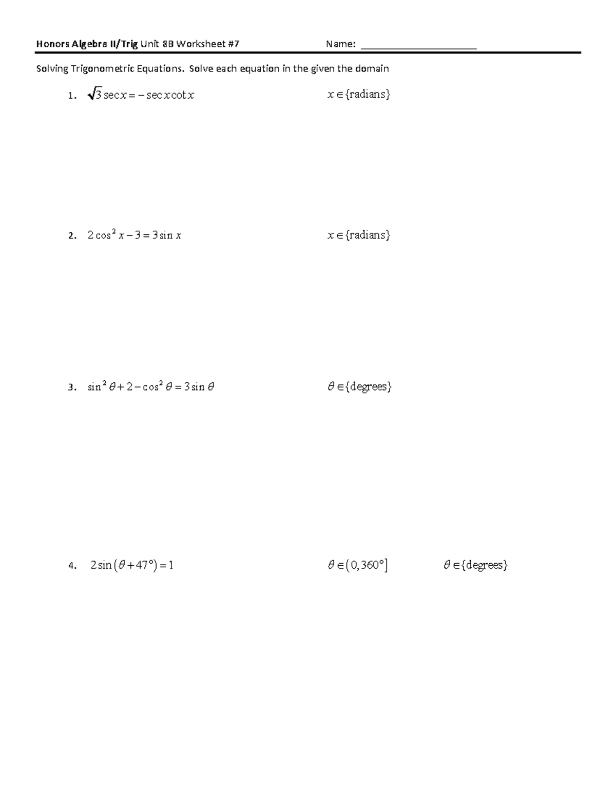 Worksheet #7 - Pre clac hw assignment for unit 5 - Honors Algebra II ...
