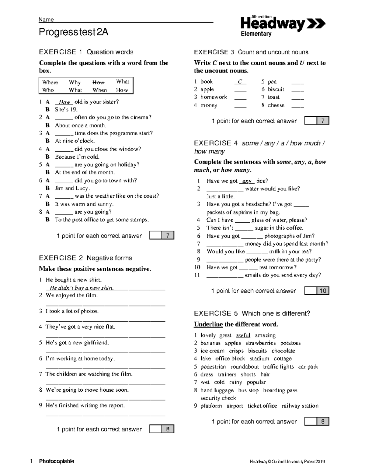 A2 Progress Test 2a Elementary Exercises And Answers Studocu