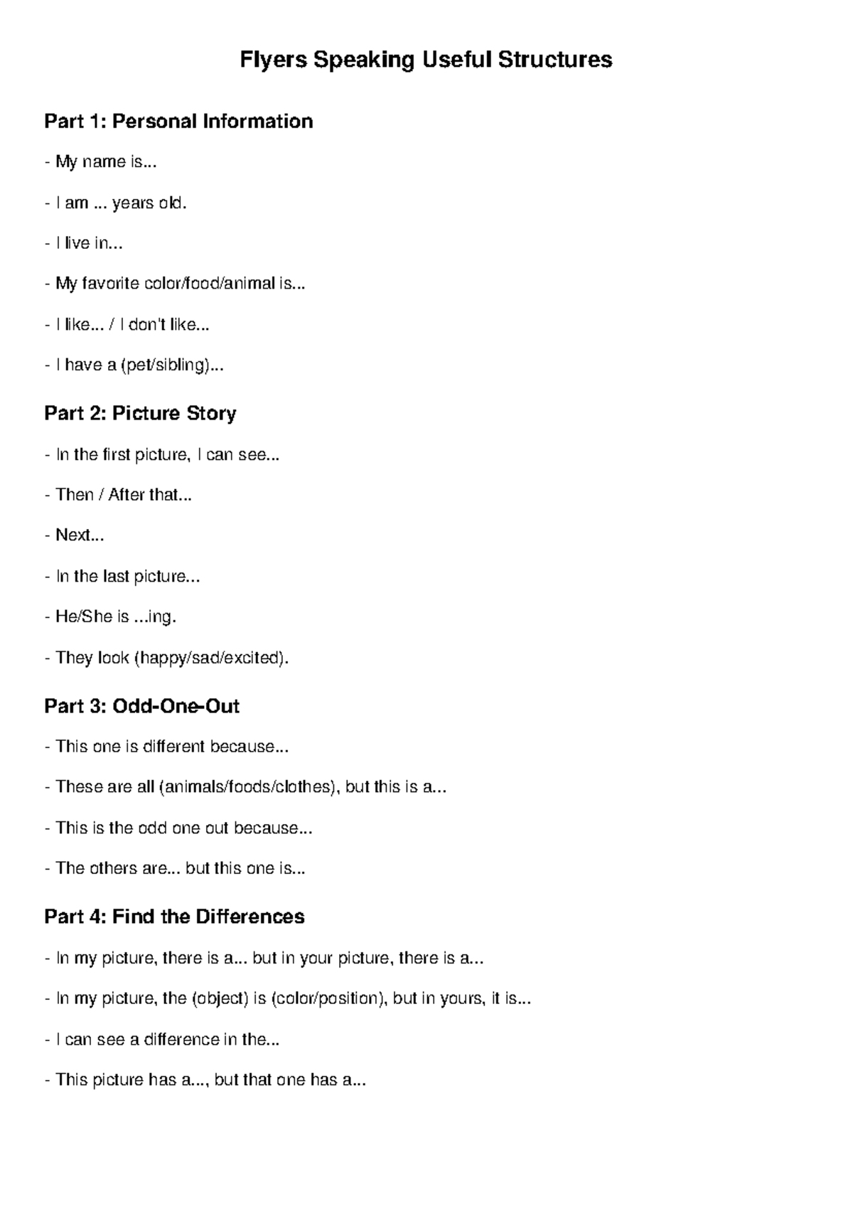 Flyers Speaking Structures: Personal Info & Picture Story - Studocu