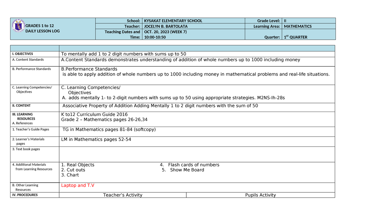 MATH 2 CO 1 final - classroom observation for grade two - GRADES 1 to ...
