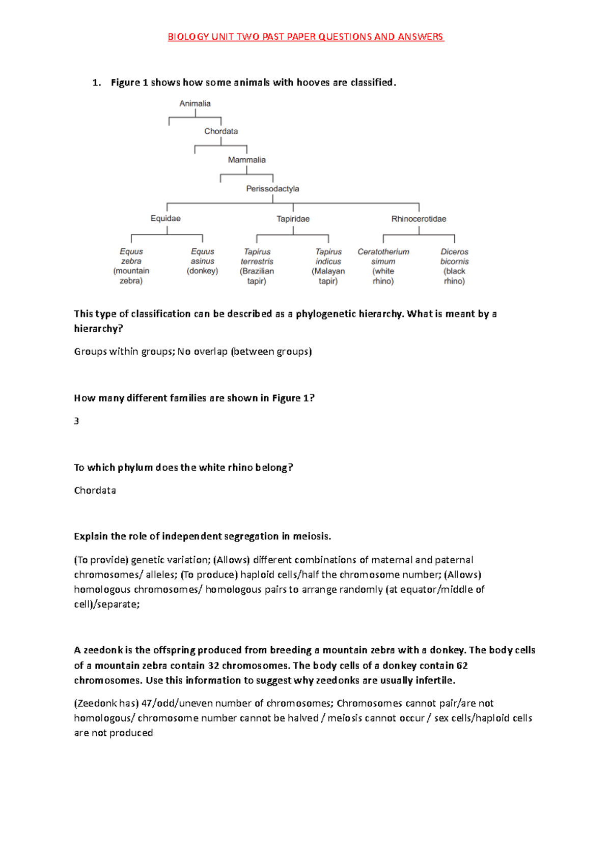 Biology Unit 2 Past Paper Questions & Answers (200 Marks) - Studocu