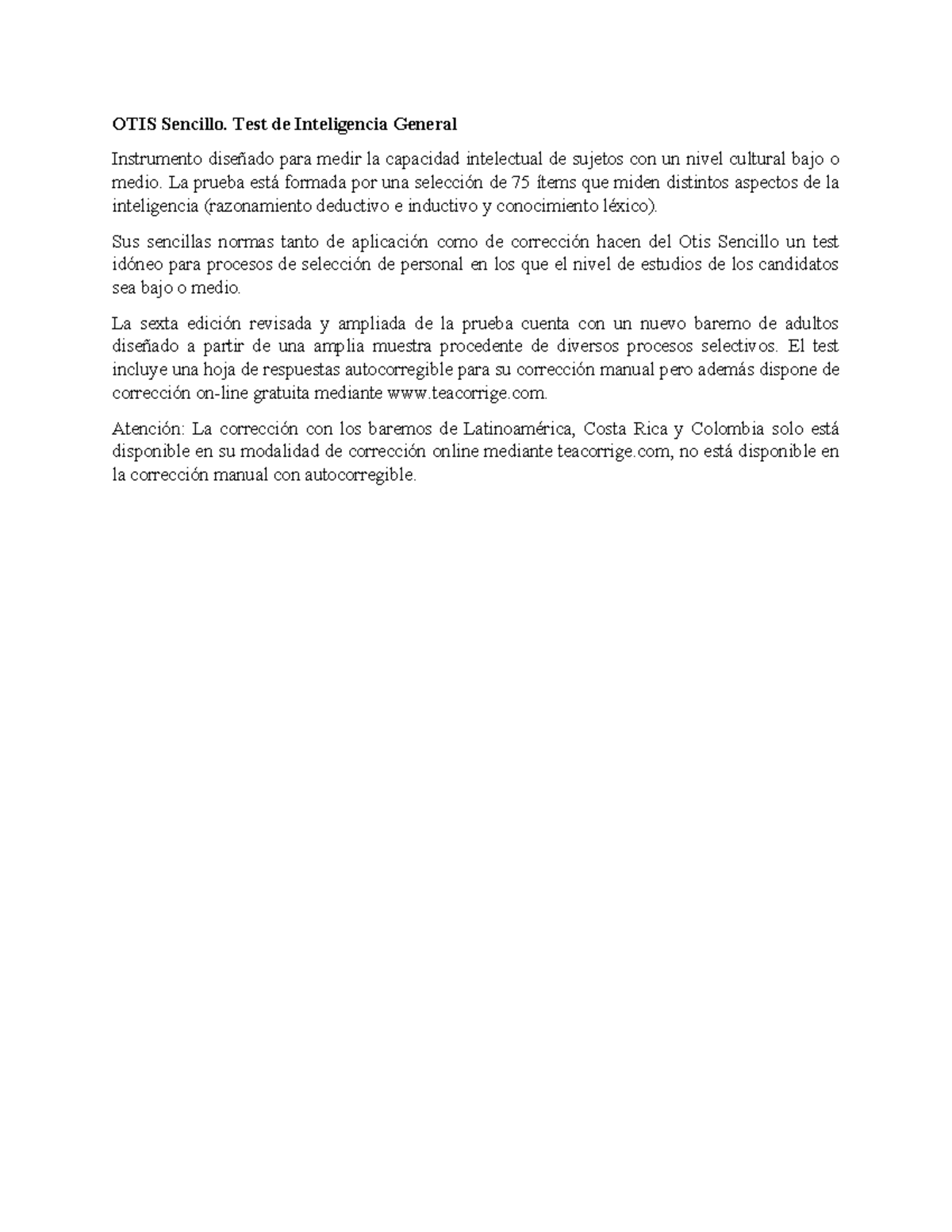 OTIS Sencillo: Test de Inteligencia General - 6ta Edición Revisada ...