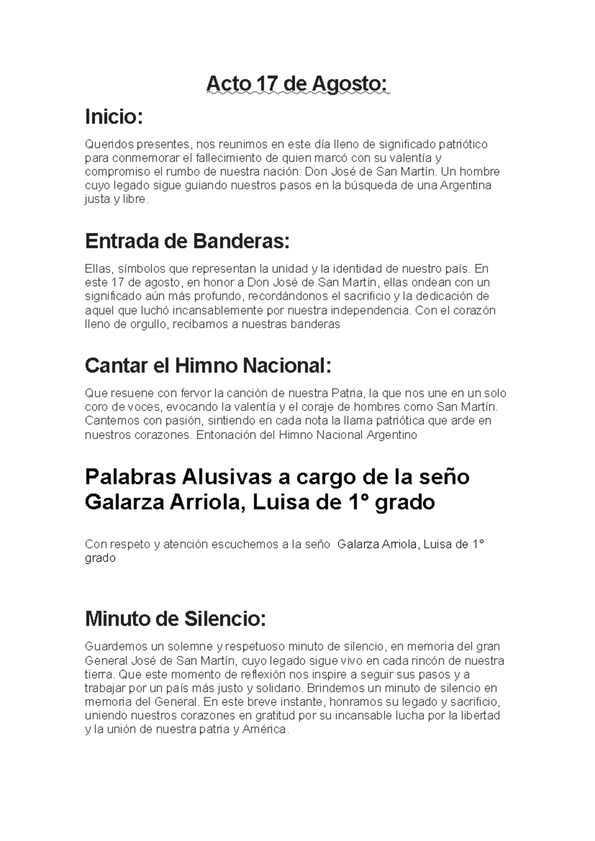Acto 17 de Agosto: Homenaje a Don José de San Martín - Studocu