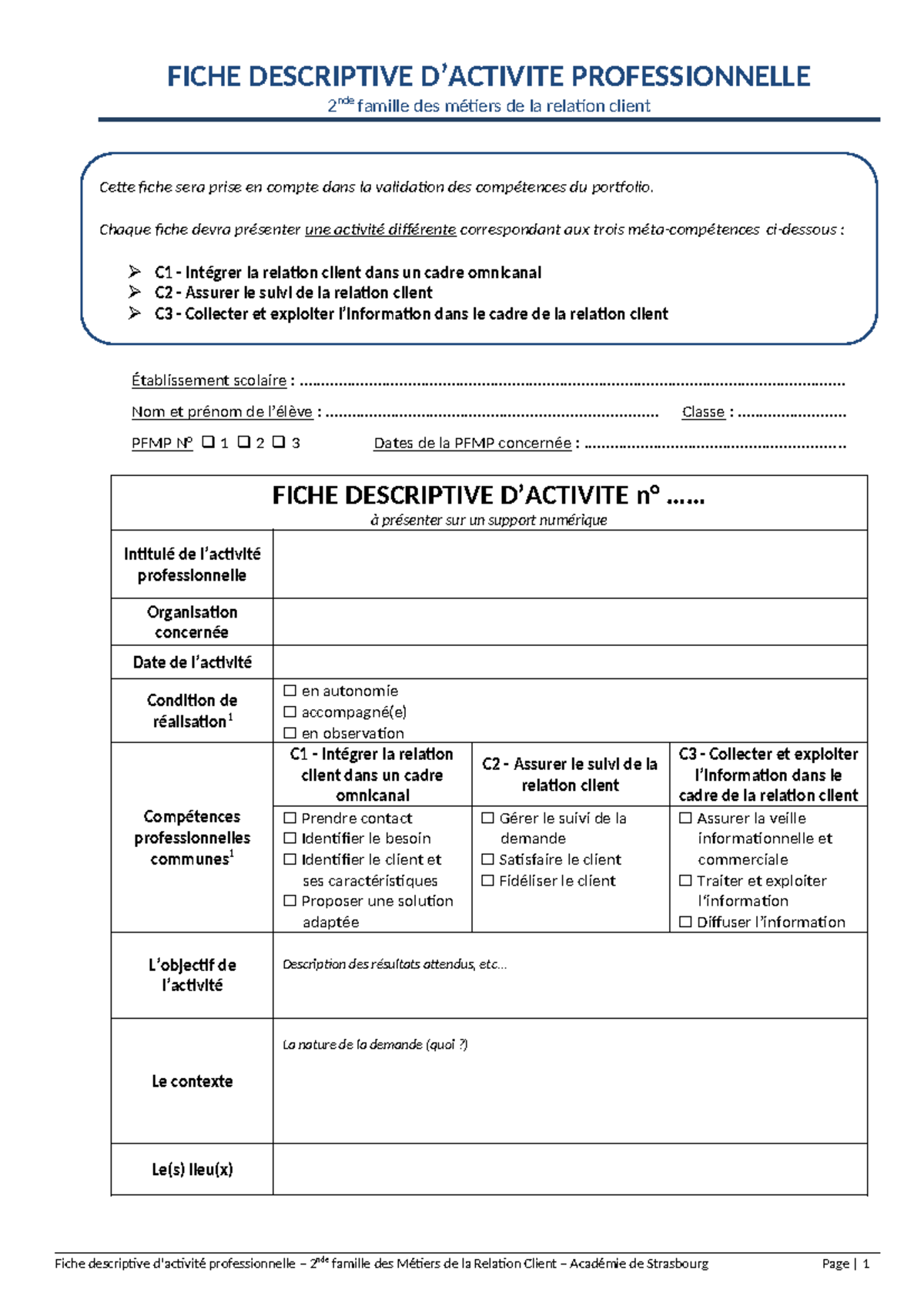 Matrice Fiche Descriptive D Activite - FICHE DESCRIPTIVE D’ACTIVITE ...