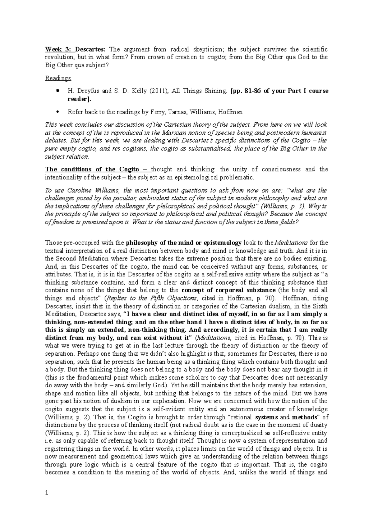 PHIL 101: Week 3 Lecture Notes on Descartes and the Cogito Argument ...