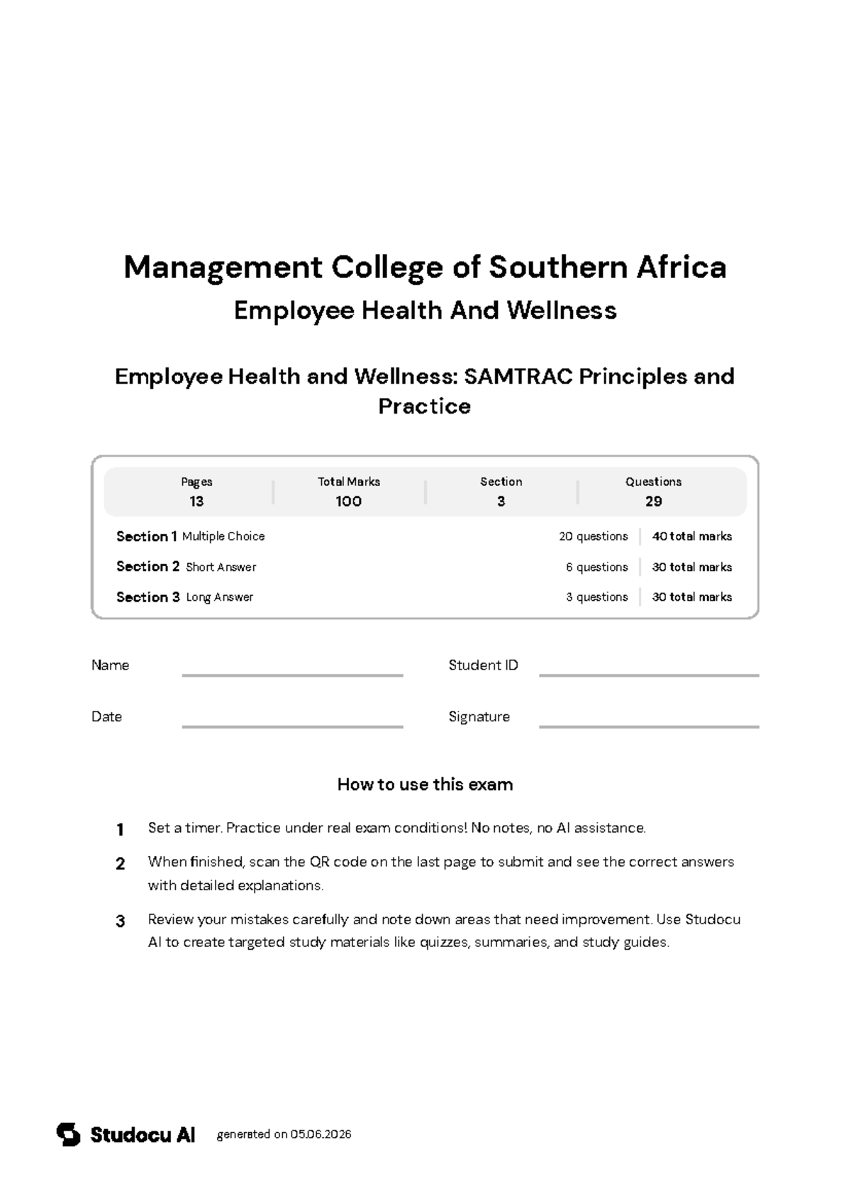 Final Exam: Employee Health and Wellness SAMTRAC - Studocu