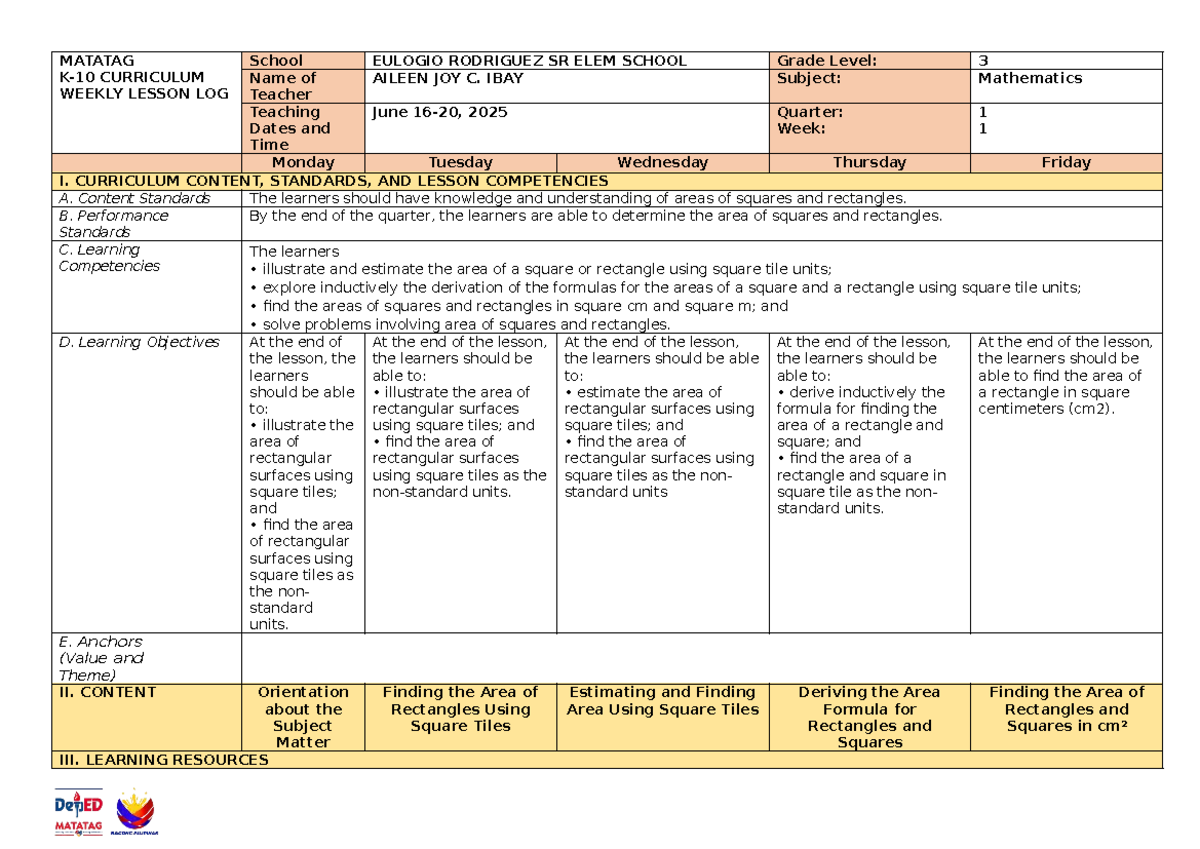 DLL MATH3 Q1 WEEK1 - SAMPLE DAILY LESSON PLAN ON AREA OF RECTANGLES ...