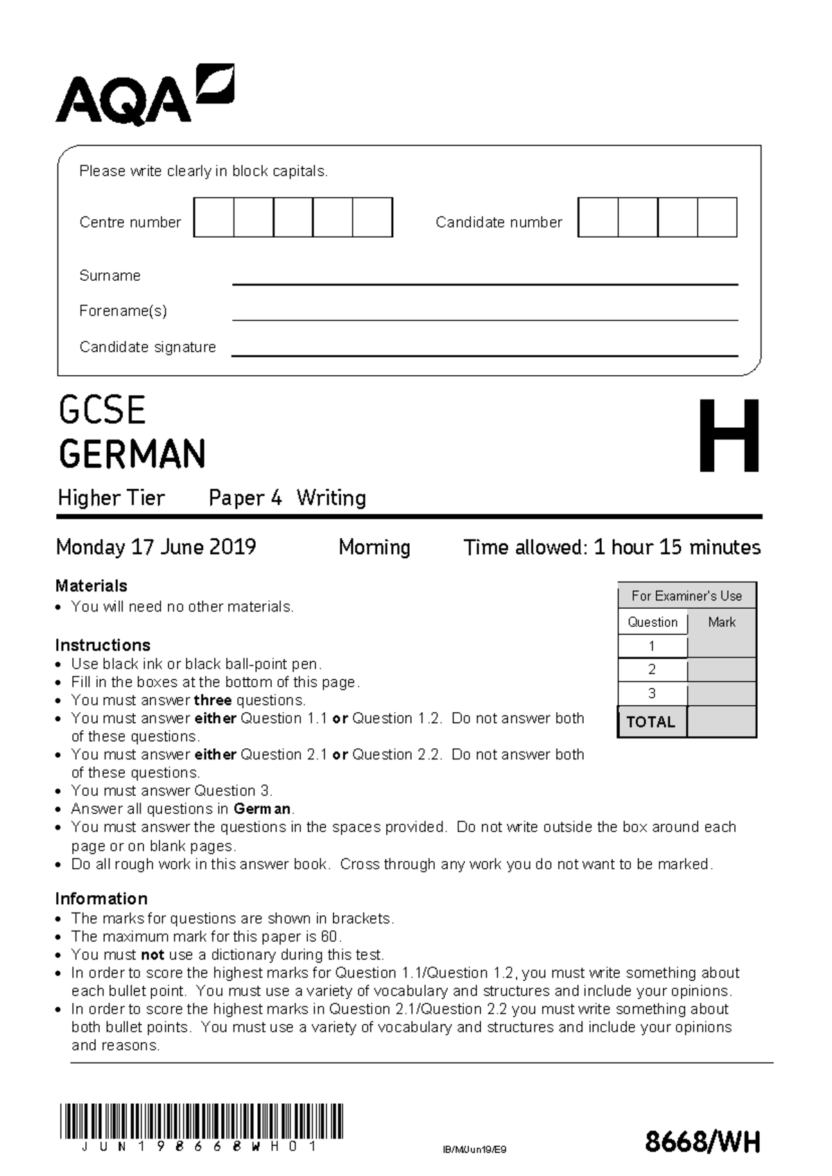 AQA GCSE German Higher Tier Writing Paper - June 2019 Exam - Studocu