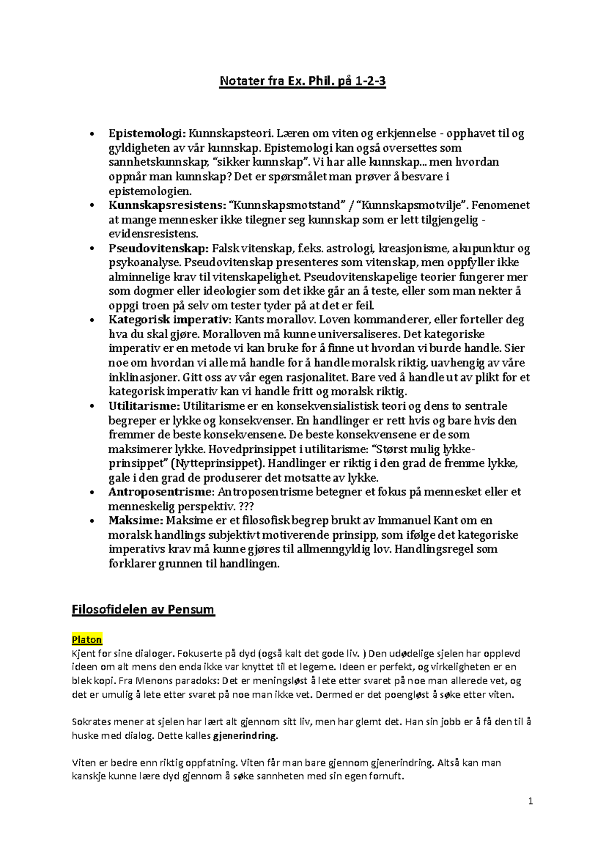 Notater fra Ex. Phil. 1-2: Epistemologi og Filosofiske Begreper - Studocu