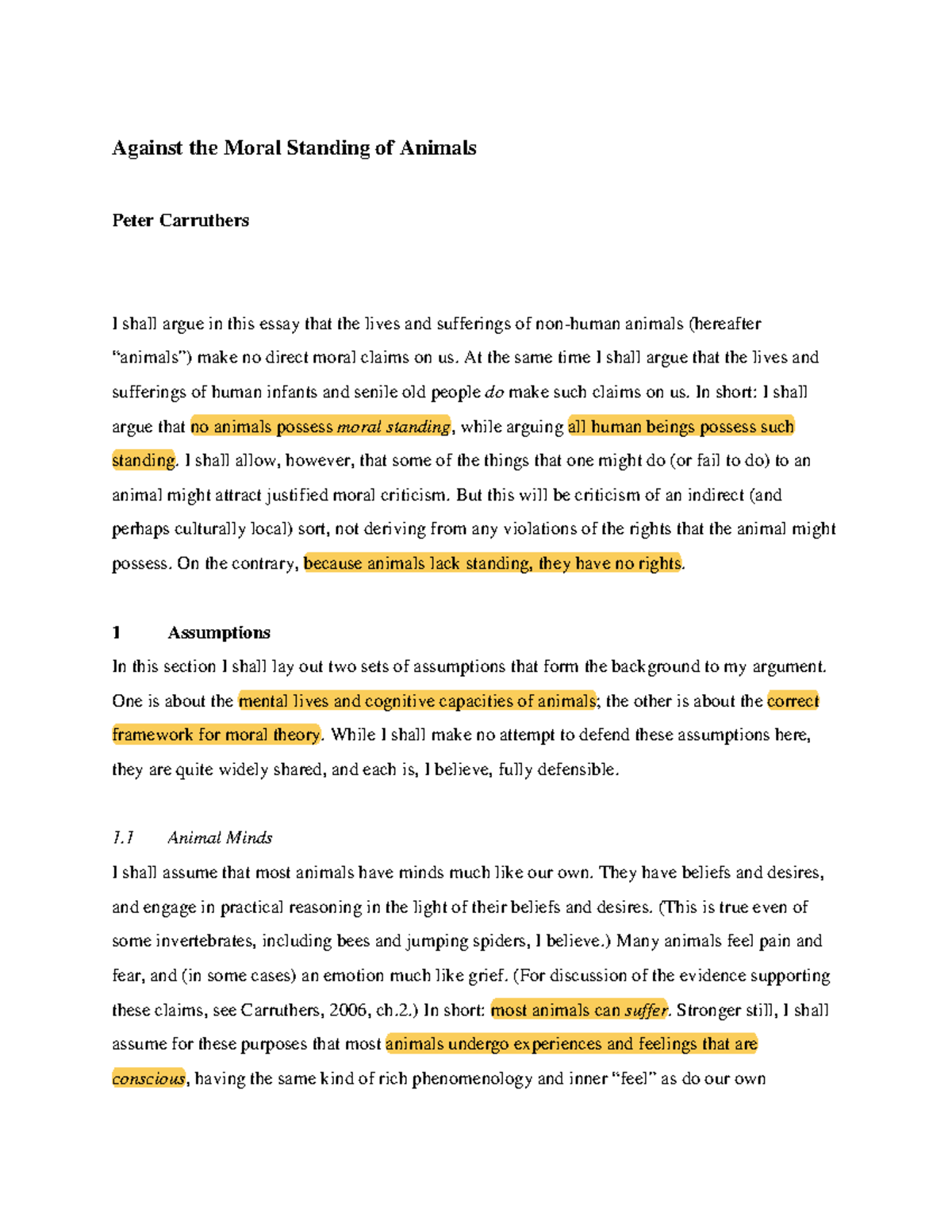PHIL101: Essay Notes on the Moral Standing of Animals - Studocu