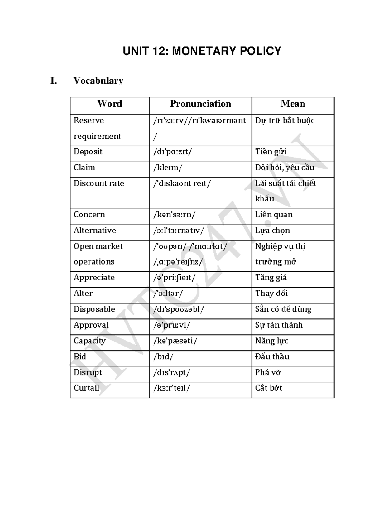 Monetary-policy - none - UNIT 12: MONETARY POLICY Word Pronunciation ...