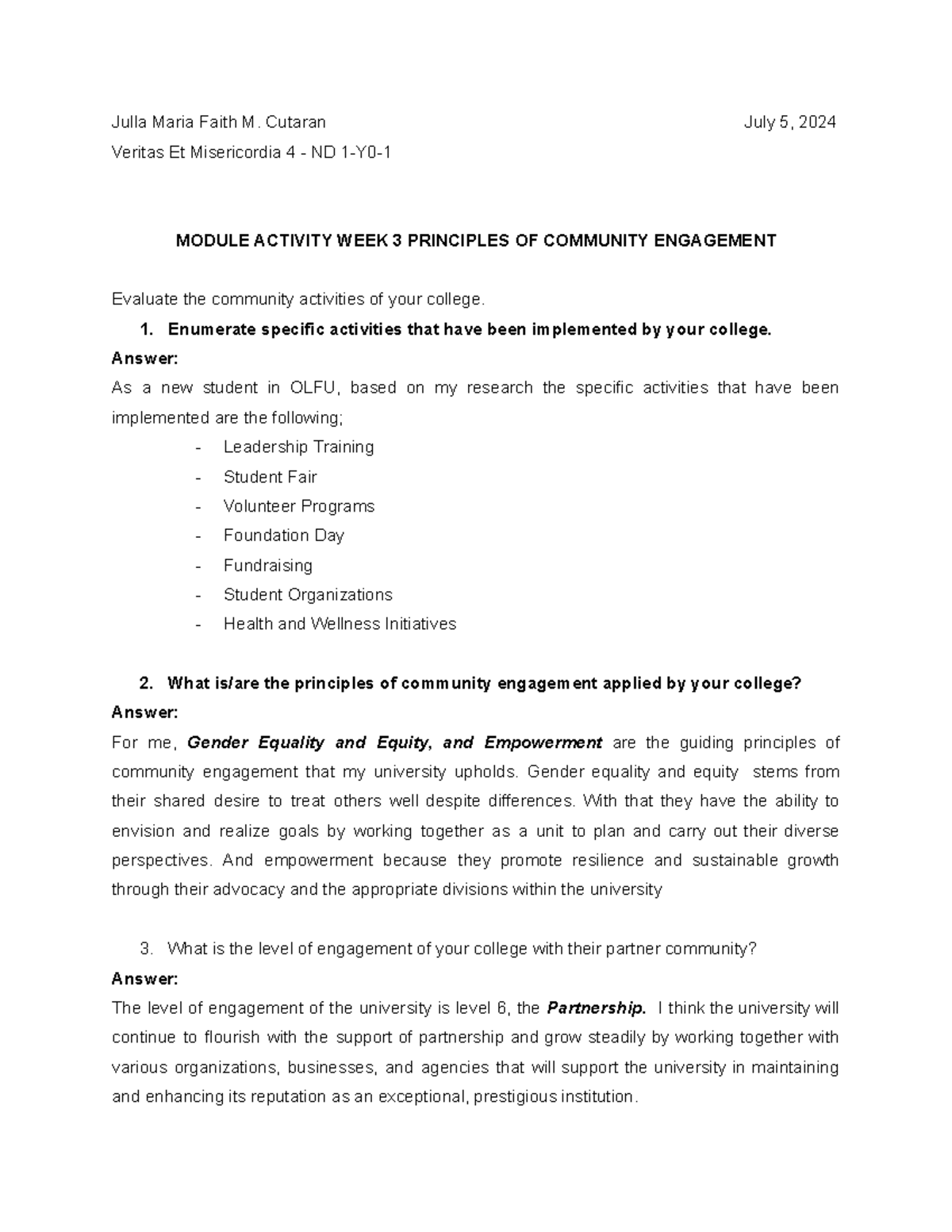 Veritas 4 ND - Module Activity Week 3: Community Engagement Principles - Studocu