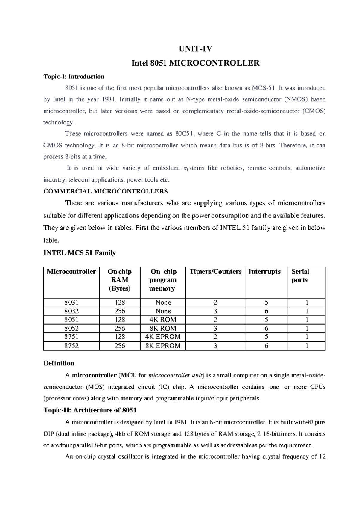 MPMC UNIT-4: Introduction to Intel 8051 Microcontroller - Studocu
