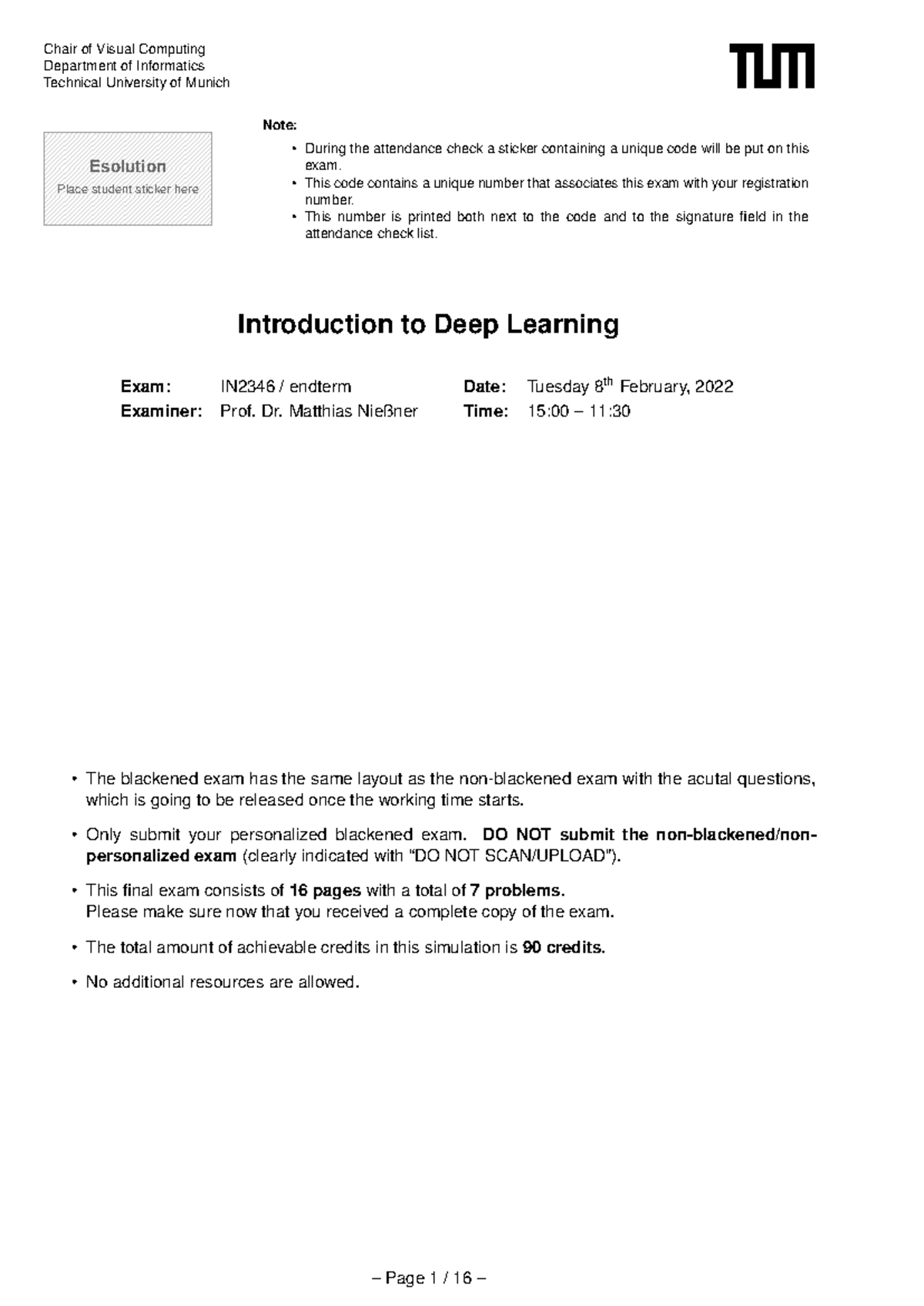 IN2346 Deep Learning Final Exam Solutions - 2021 WS - Studocu