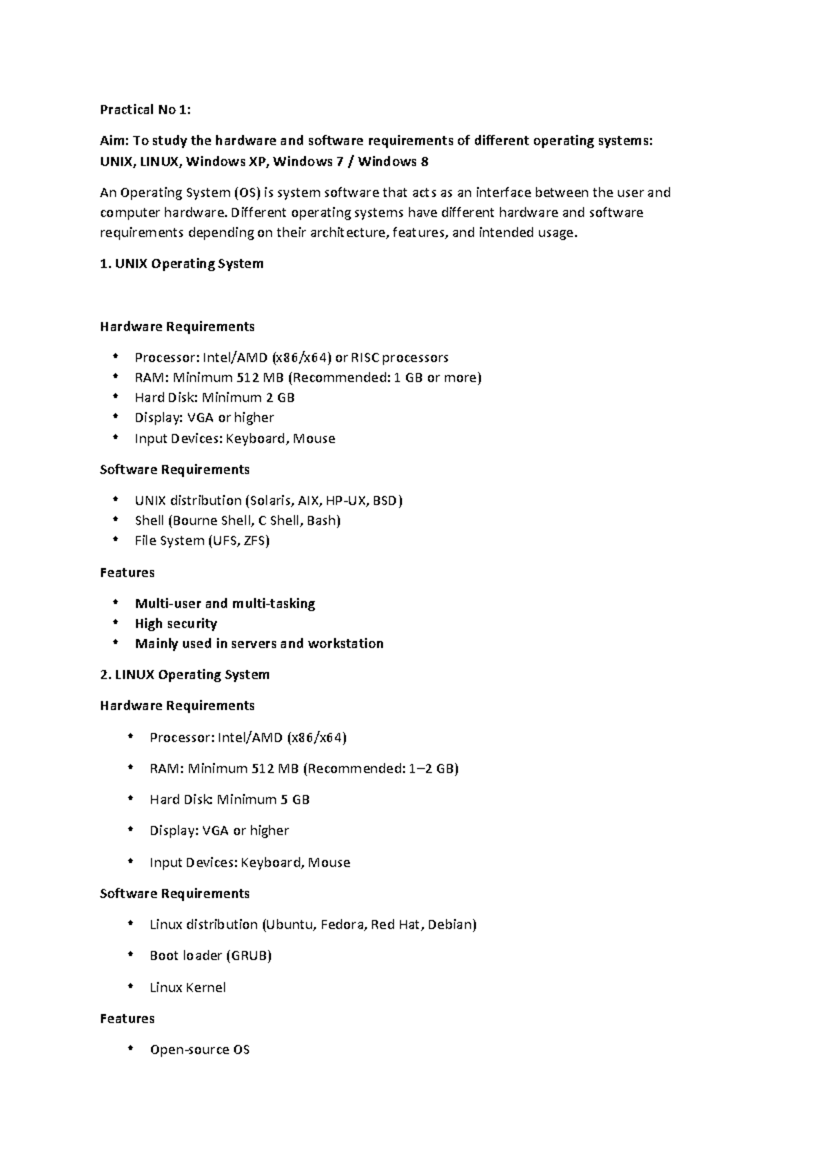 Practical No 1: Hardware & Software Requirements of OSs - Studocu