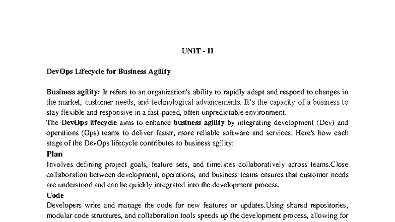 DevOps UNIT II: Enhancing Business Agility Through the DevOps Lifecycle - Studocu
