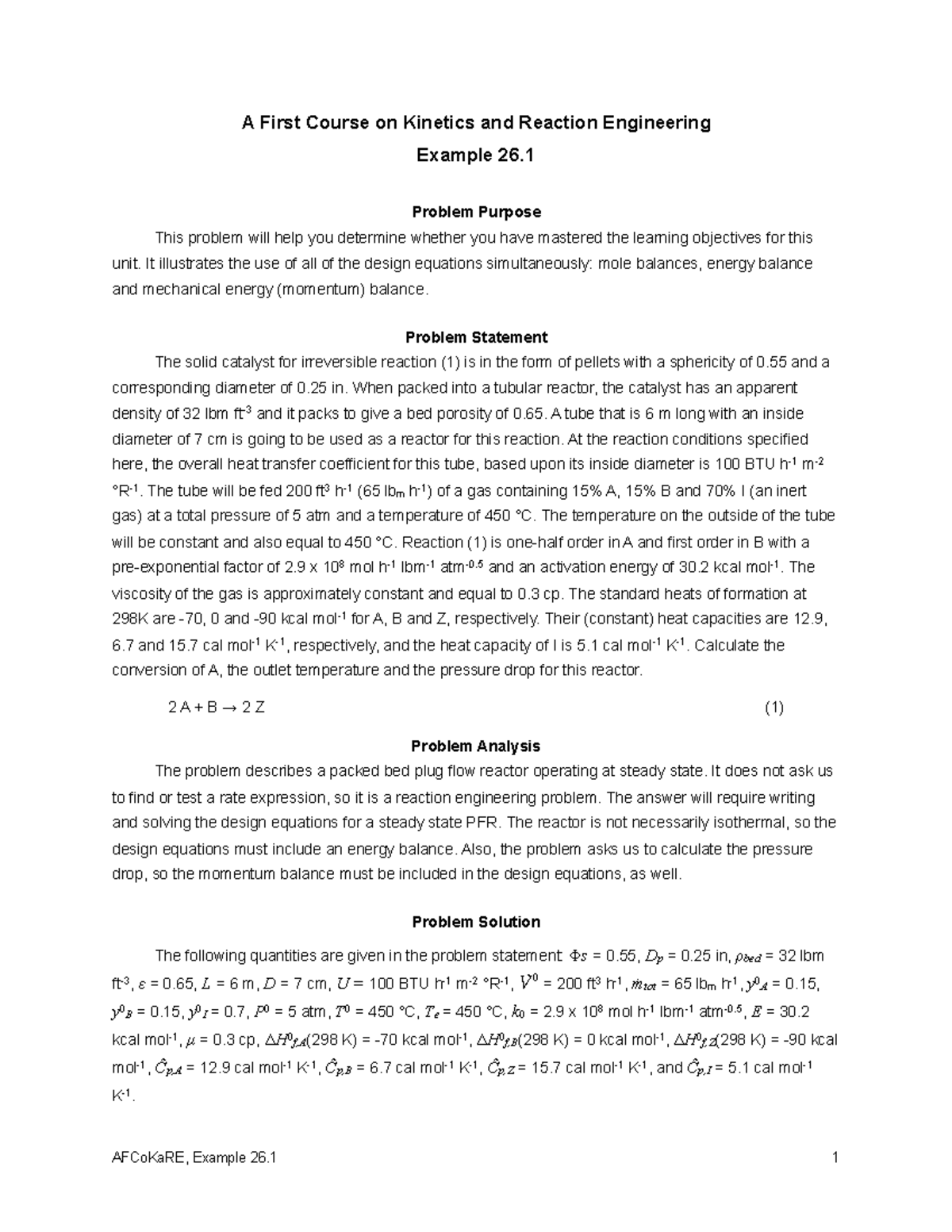 AFCoKaRE 26.1 - Packed Bed Reactor Design Problem Analysis and Solution ...