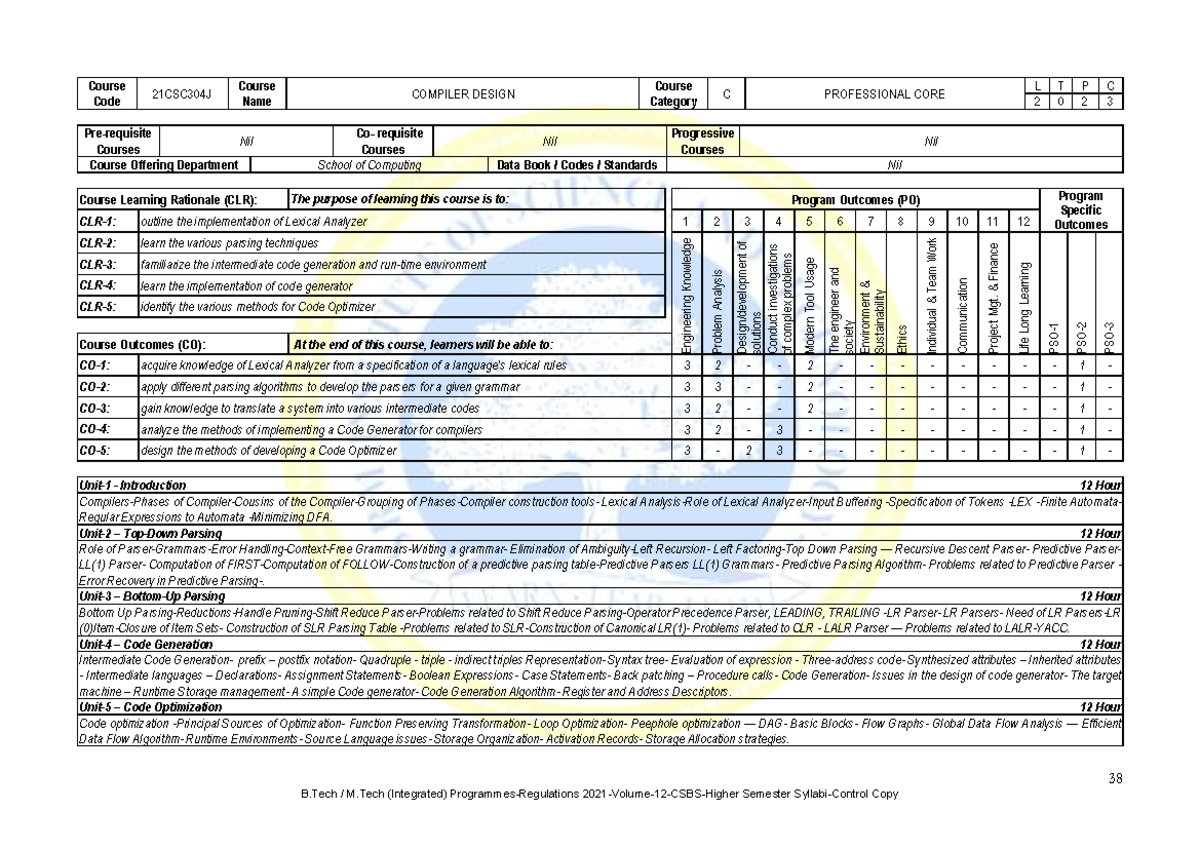 21CSC304J - Compiler Design Syllabus Overview and Unit Breakdown - Studocu
