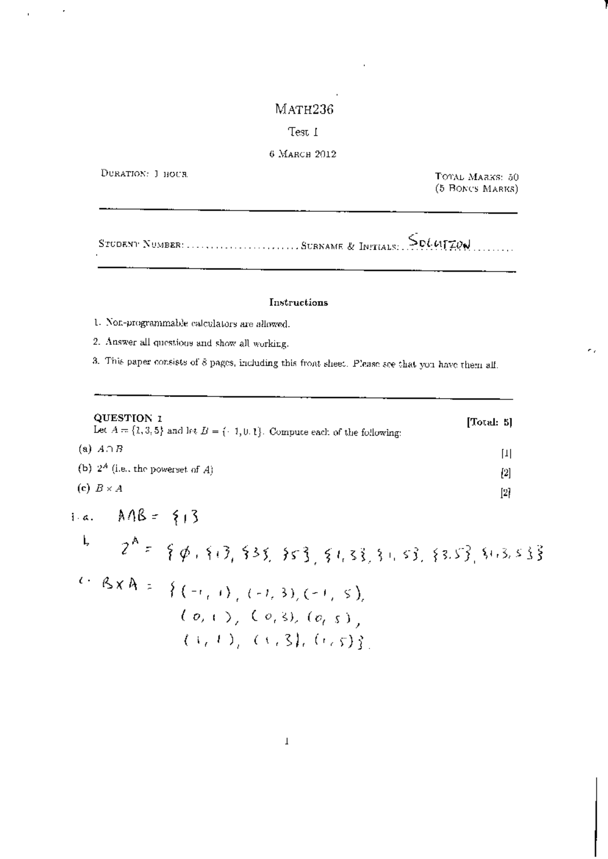 Math 236 Test 1 Solutions - Comprehensive Analysis & Answers - Studocu