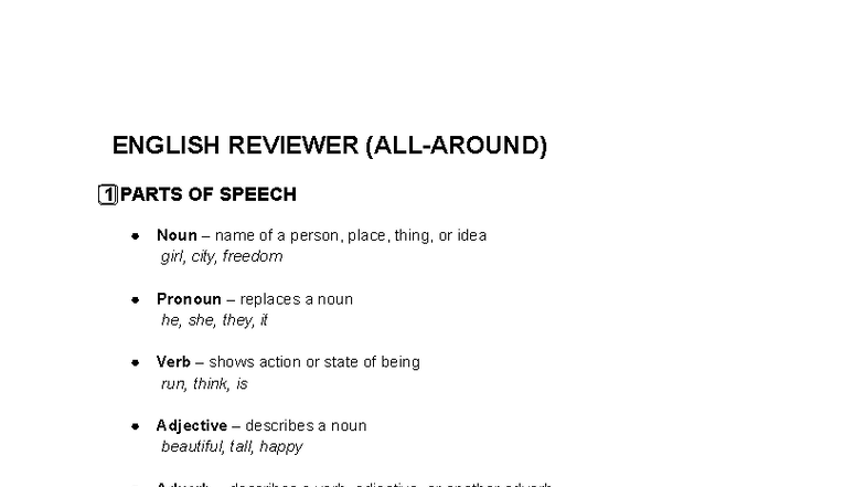 ENGLISH 101: Parts of Speech and Sentence Types Review - Studocu