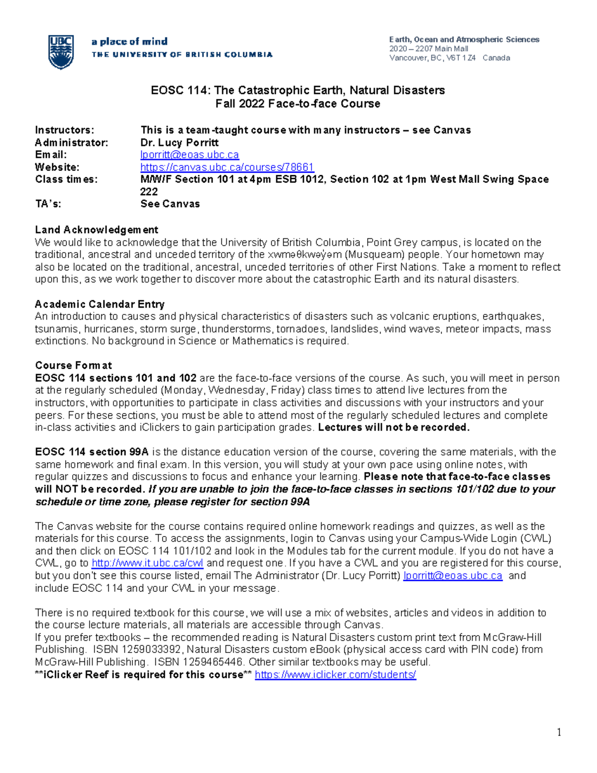 EOSC 114 Syllabus: Natural Disasters Course Overview for Fall 2022 ...