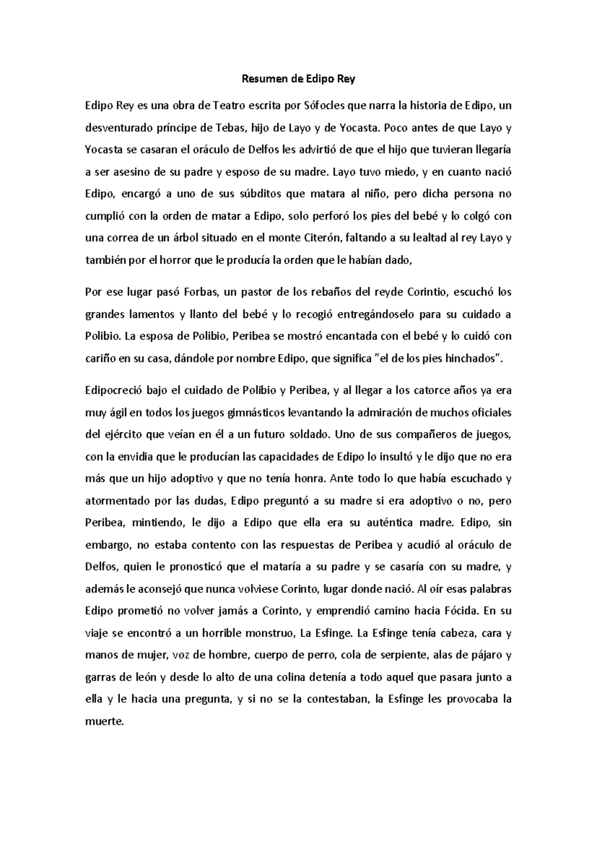 Resumen de Edipo Rey: Tragedia de Sófocles en PDF - Studocu