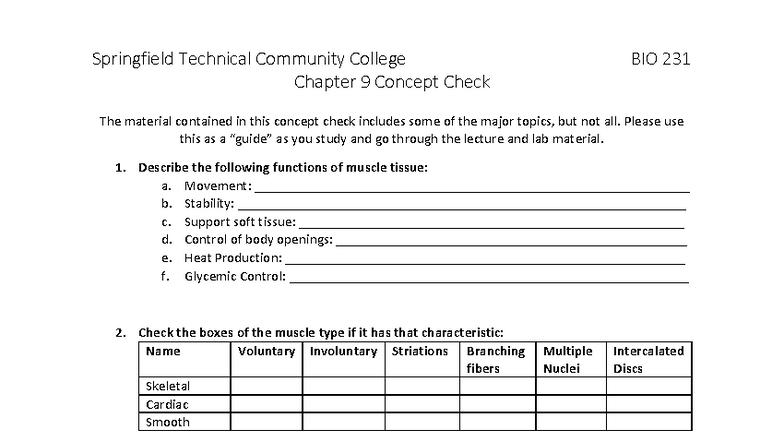 Chapter 9 Concept Check BIO 231: Muscle Tissue Functions ...