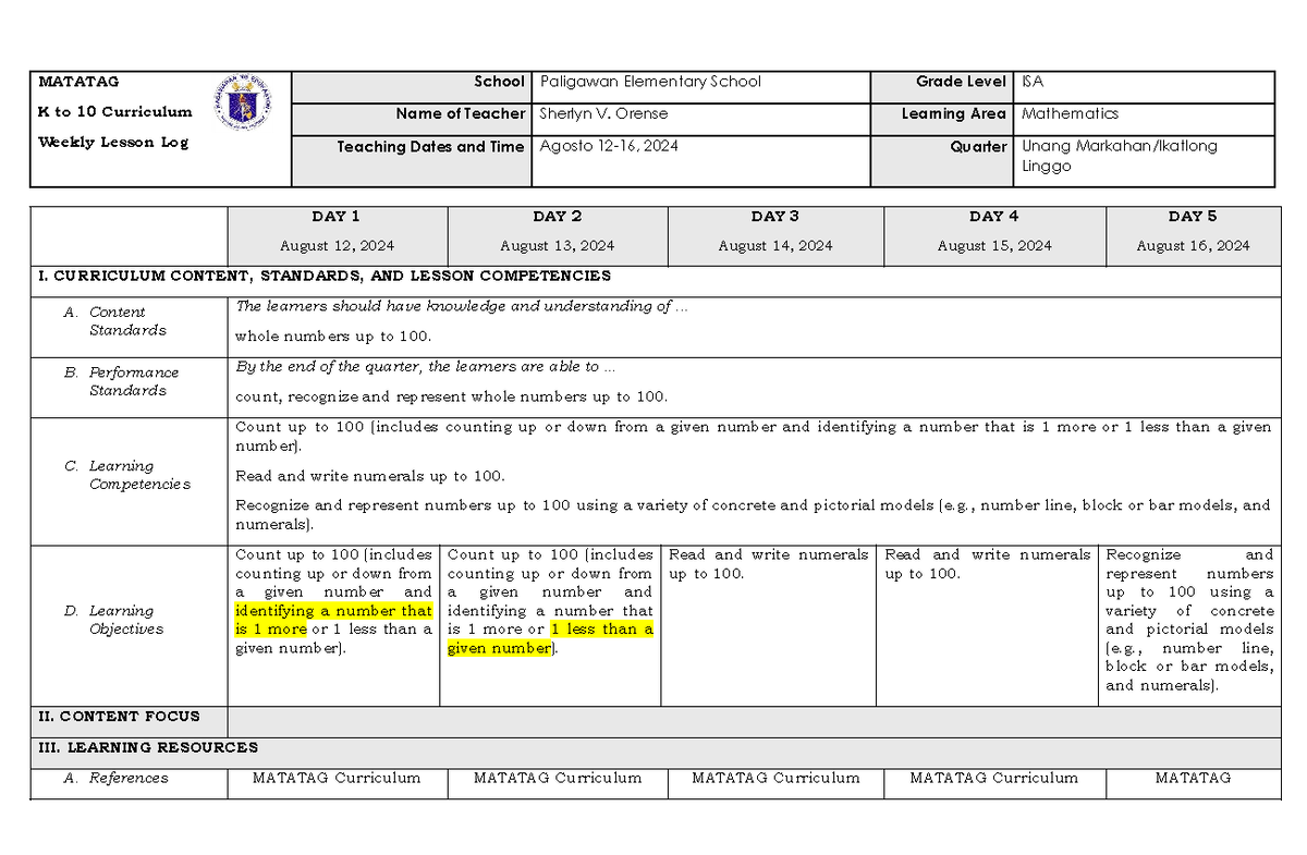 G1-Q1-DLL-WEEK 2-MATH - MATATAG K to 10 Curriculum Weekly Lesson Log ...