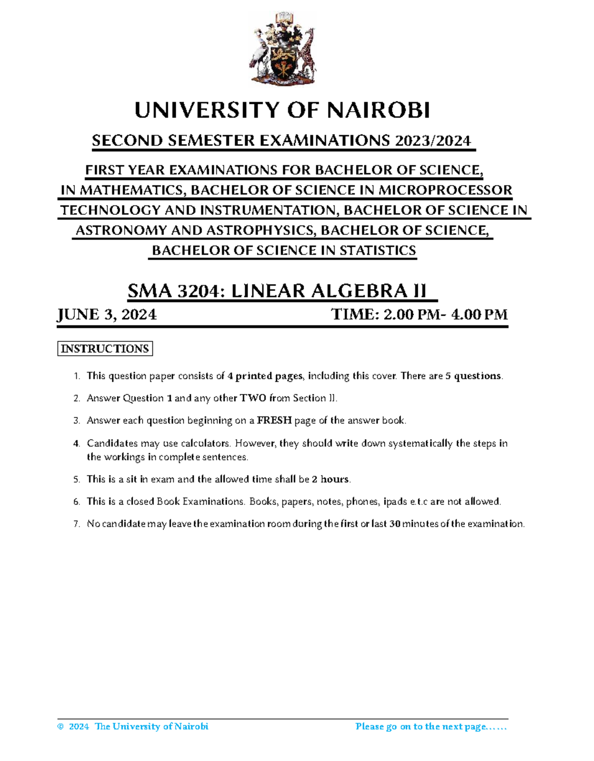 SMA 3204: Linear Algebra II June 2024 Final Exam Paper - Studocu
