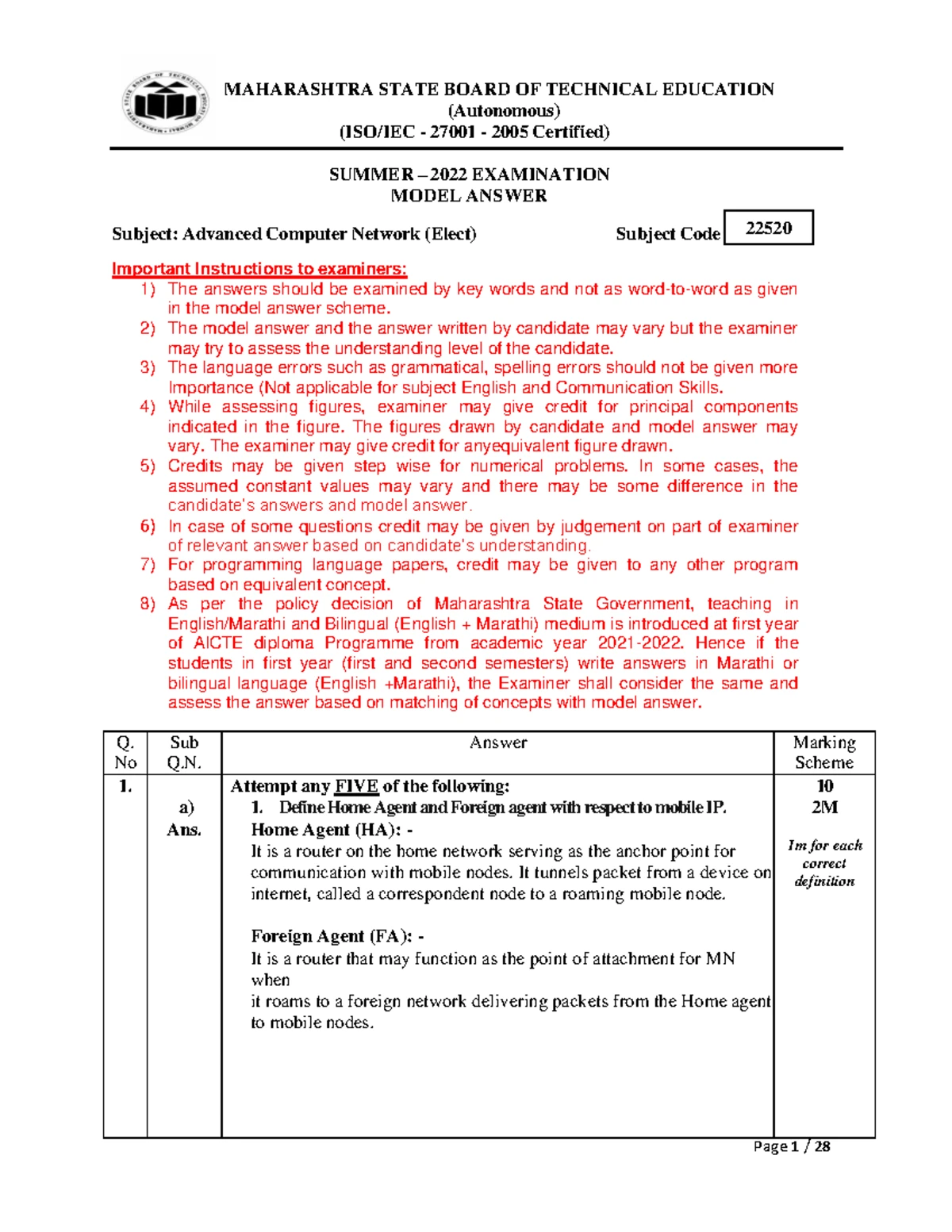 22520 Summer 2023 Model Answer Paper for Advanced Computer Networks ...