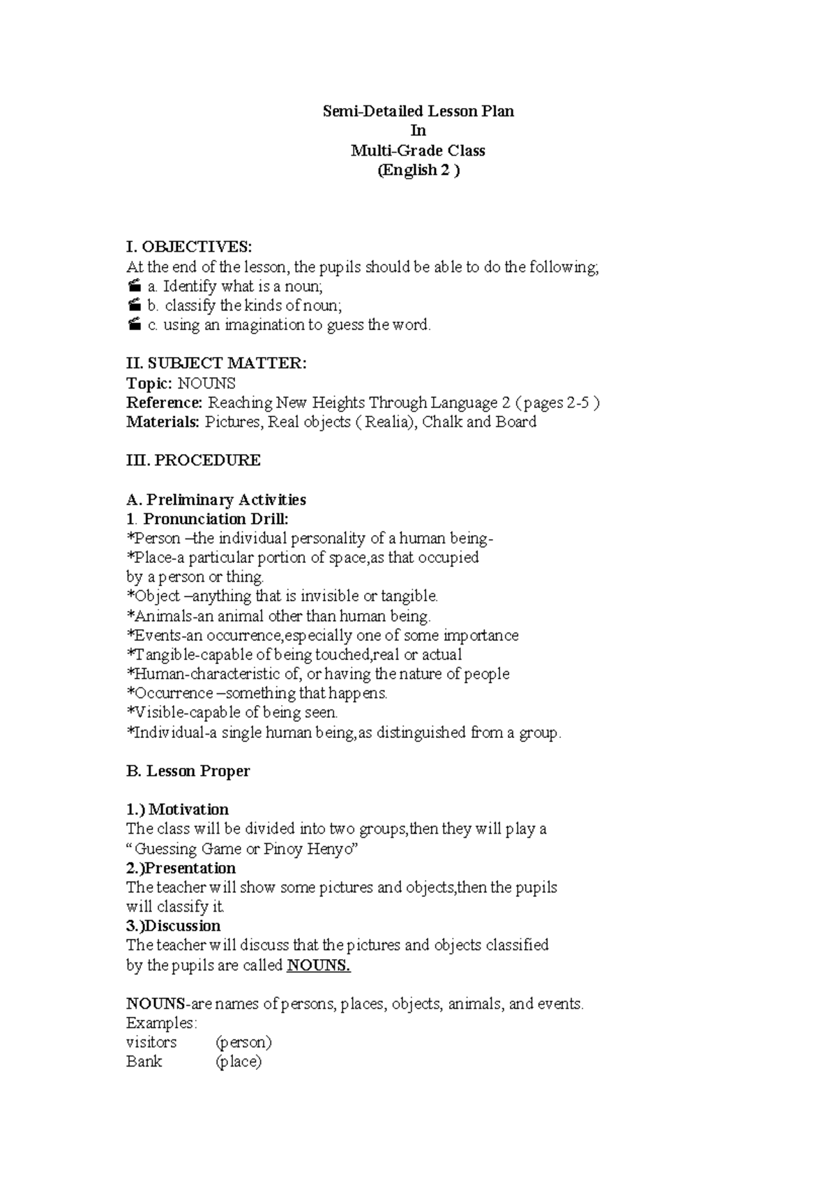 Semi-Detailed Lesson Plans: English 2 & 3 - Nouns and Adjectives - Studocu